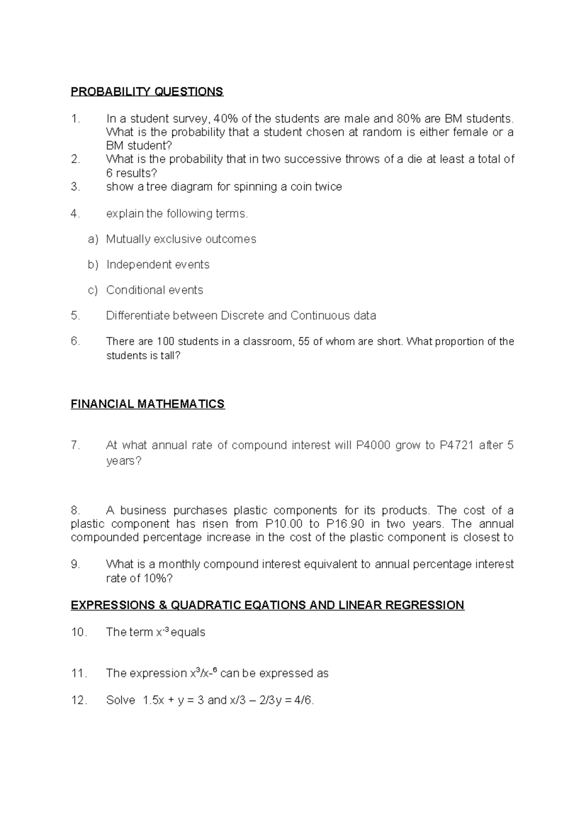 Revision for Business Maths - PROBABILITY QUESTIONS In a student survey ...