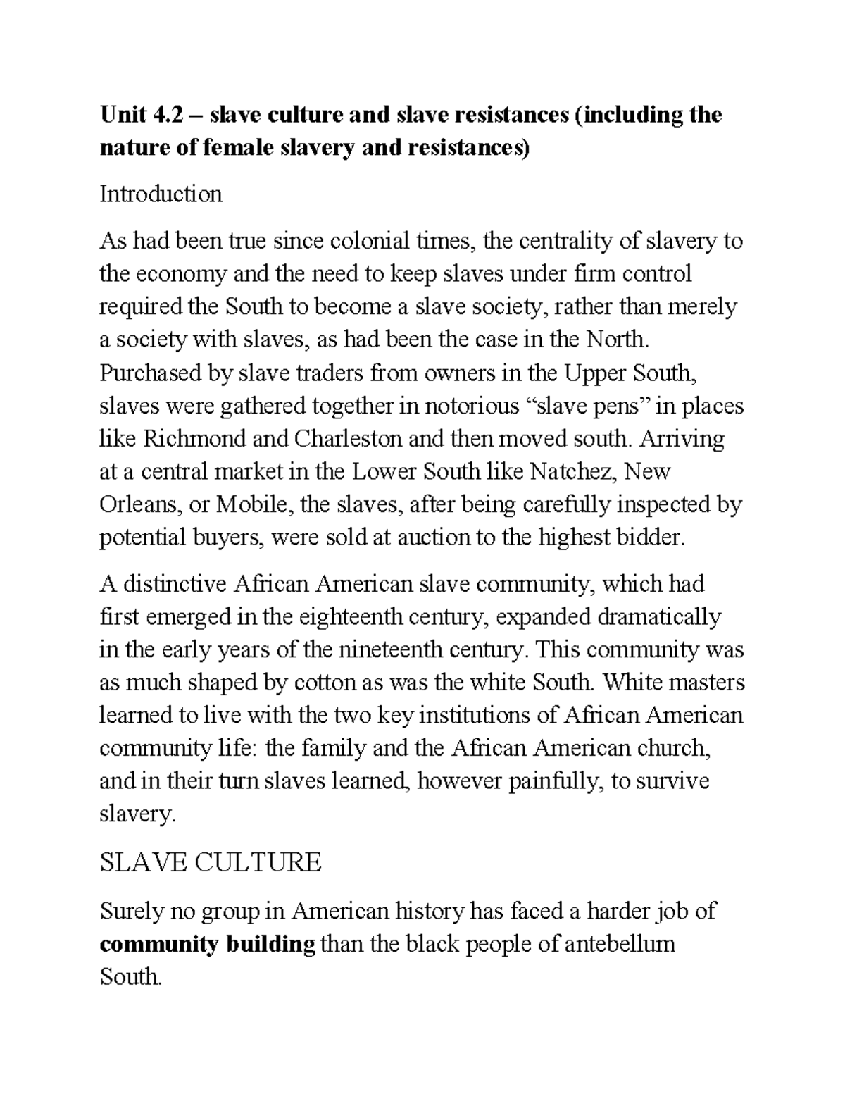 Slave culture and resistance - Unit 4 – slave culture and slave ...
