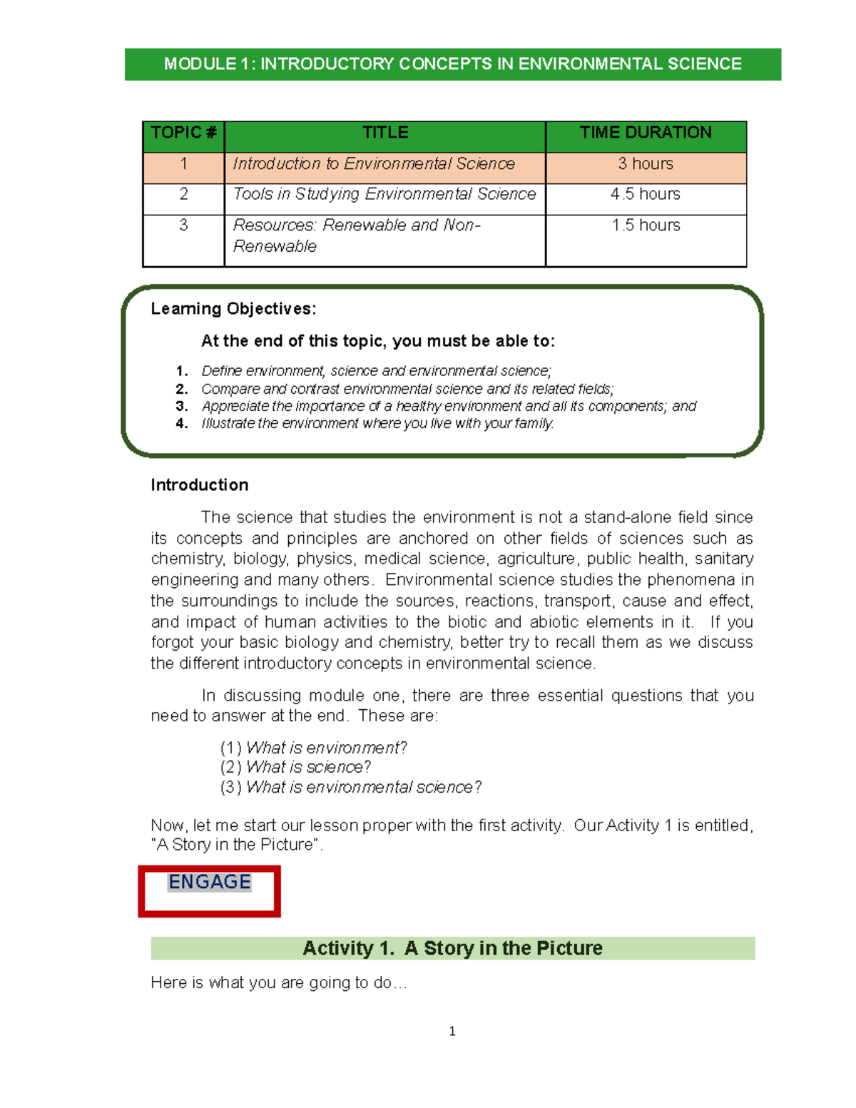 Module 1- GE 3 (ENVI Science) - TOPIC # TITLE TIME DURATION 1 ...