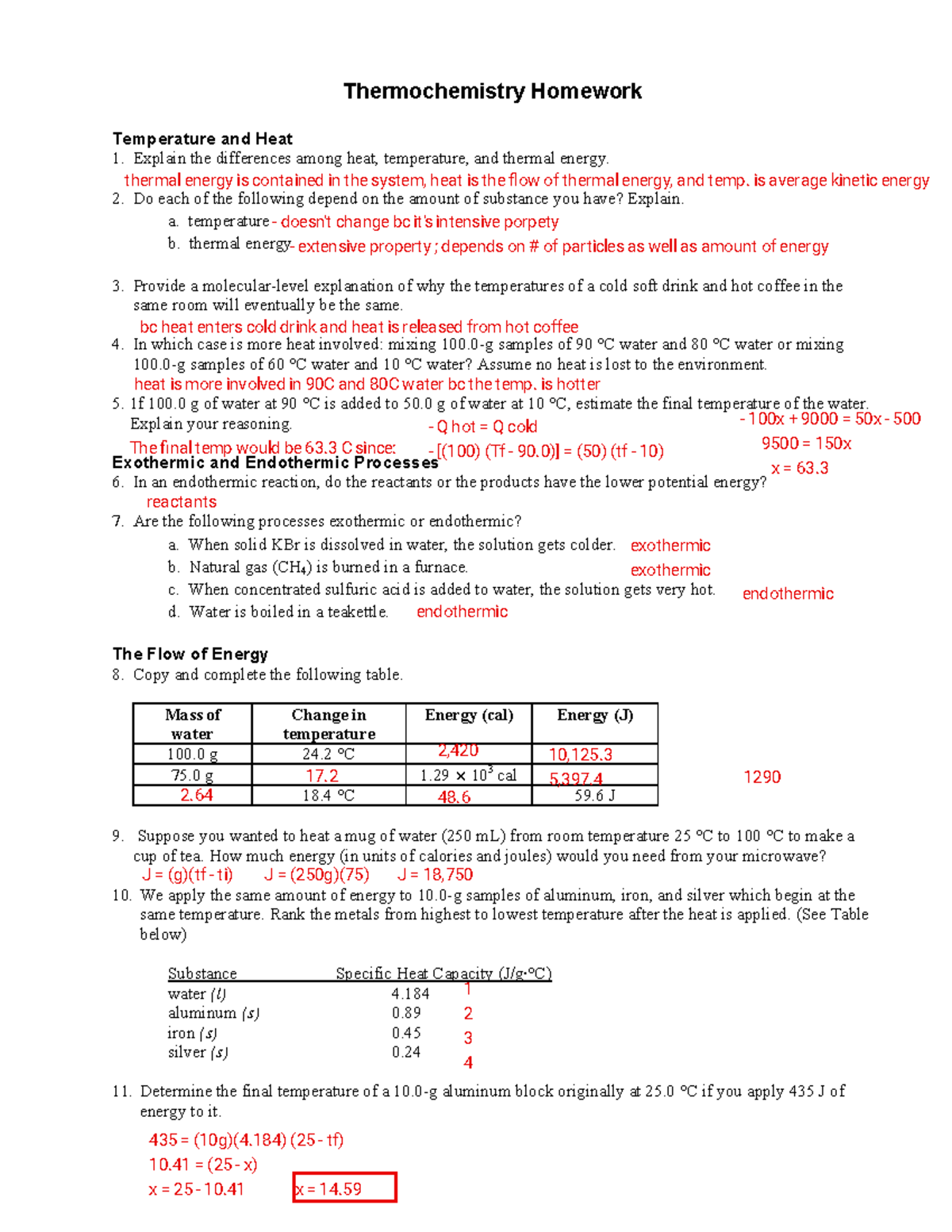 Thermochemistry HW - Thermochemistry Homework Temperature and Heat ...