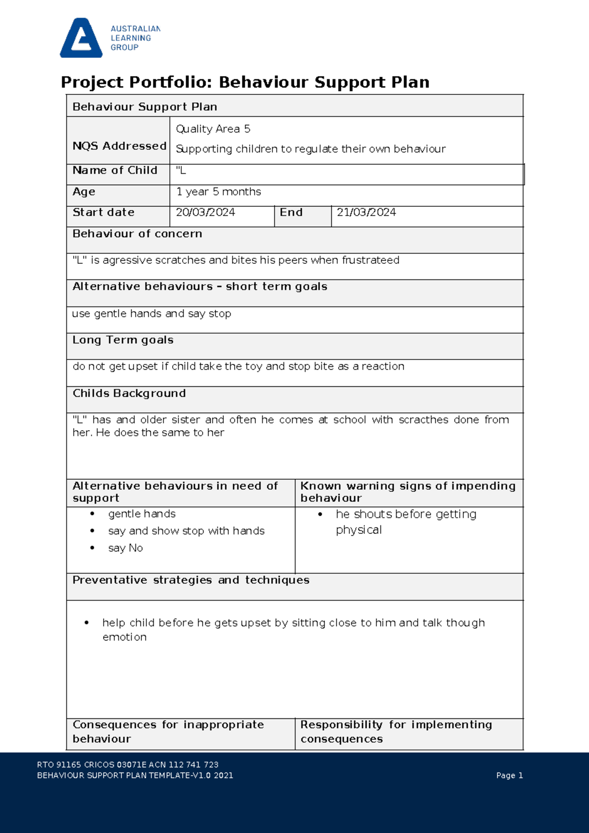 Behaviour Support PLAN Task 5 pag 225 - RTO 91165 CRICOS 03071E ACN 112 ...