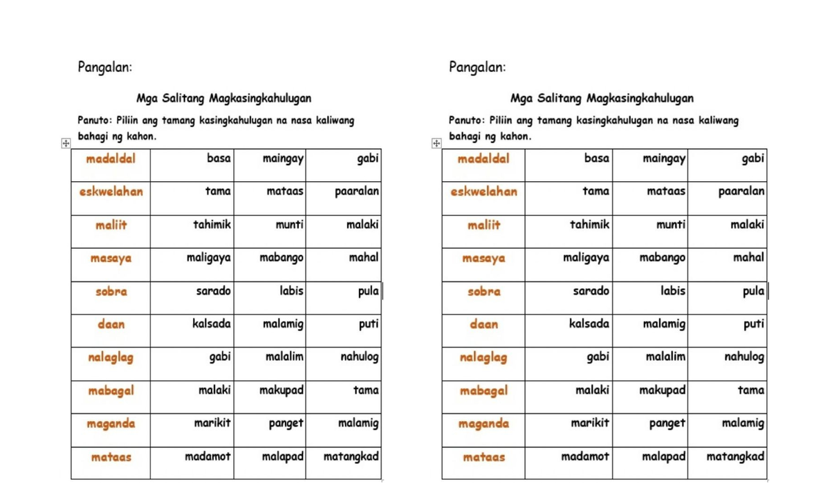 Salitang magkasing kahulugan - bse filipino - Studocu