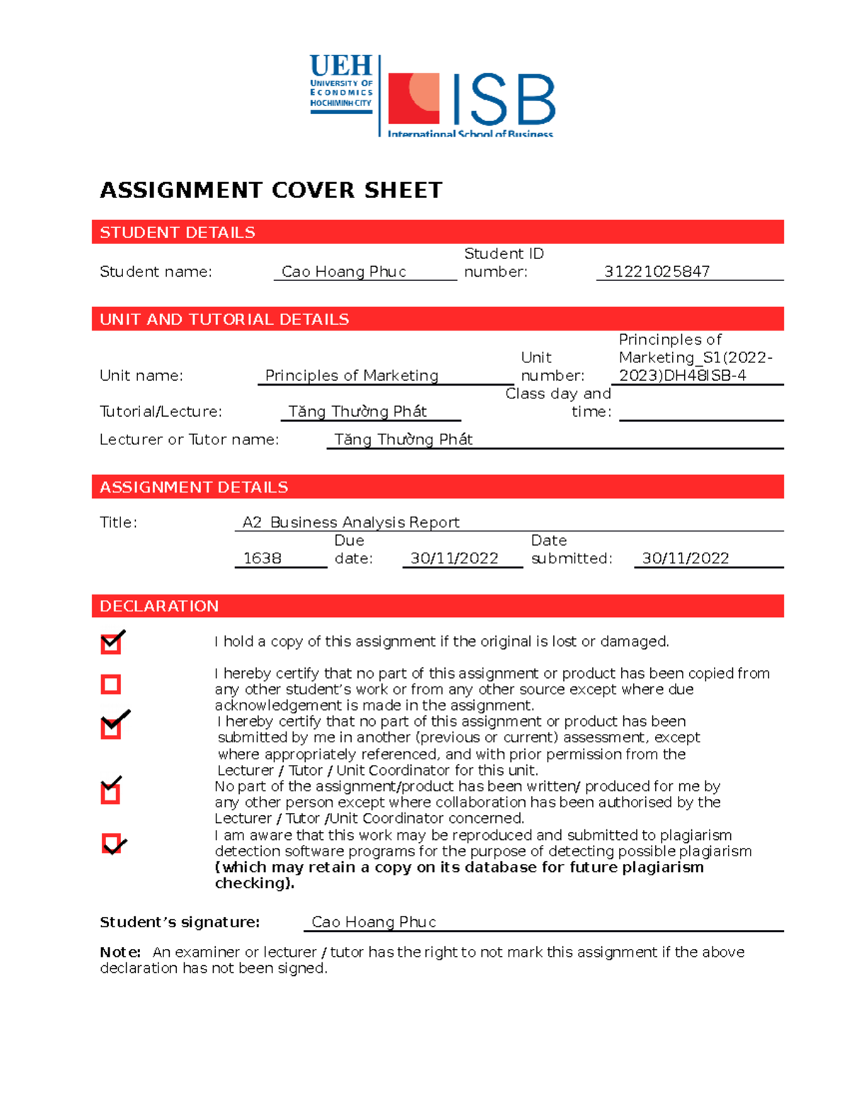 Business Analysis Report OF Vinamilk 1 - ASSIGNMENT COVER SHEET STUDENT ...
