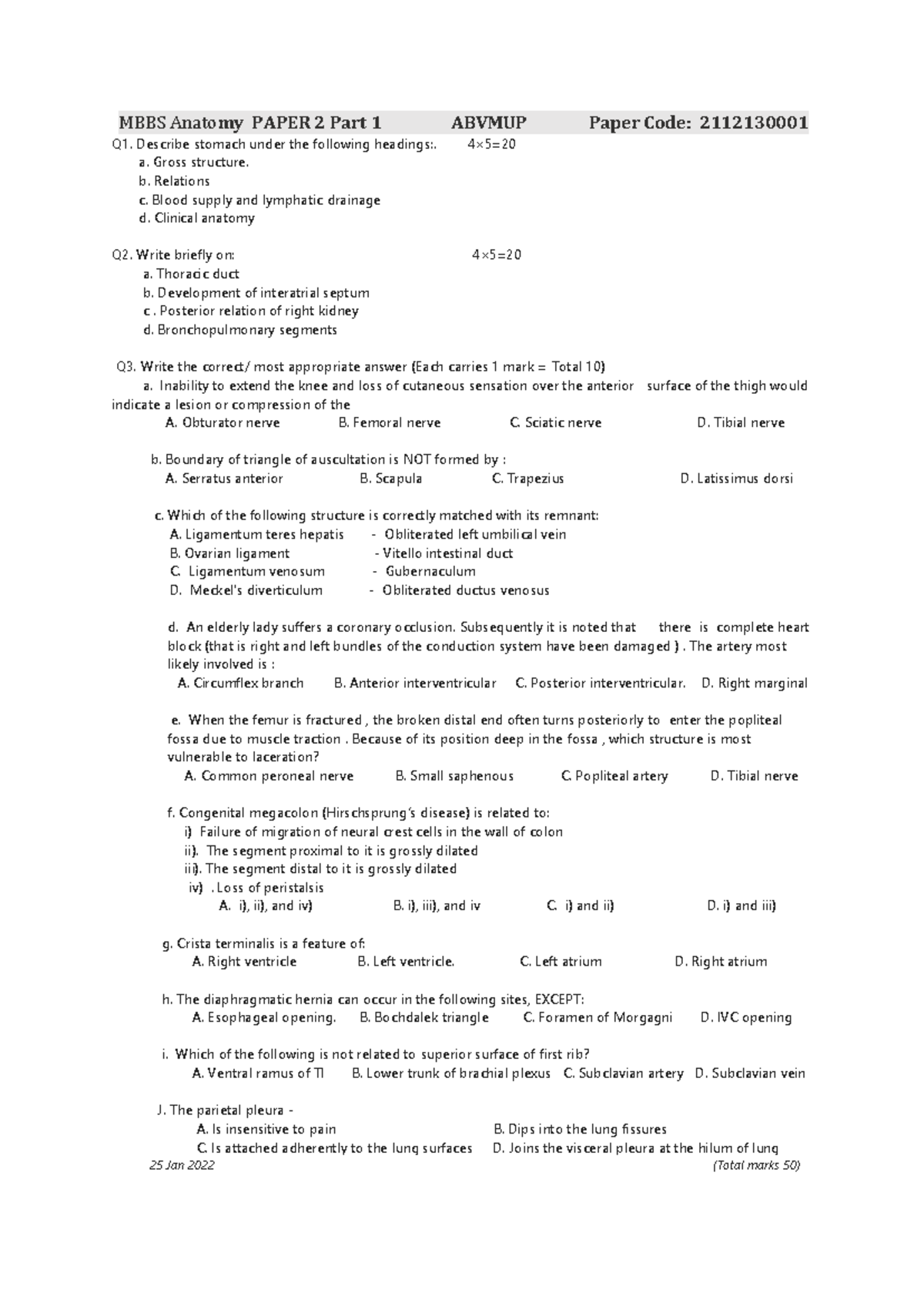 MBBS Anatomy Reg Jan22 Paper 2 - MBBS Anatomy PAPER 2 Part 1 ABVMUP ...
