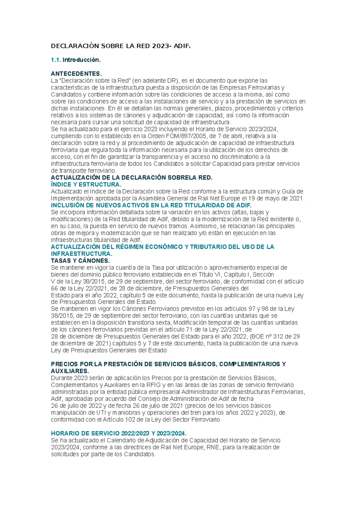 Declaracion de la red para audio - DECLARACIÓN SOBRE LA RED 2023- ADIF. Introducción ...