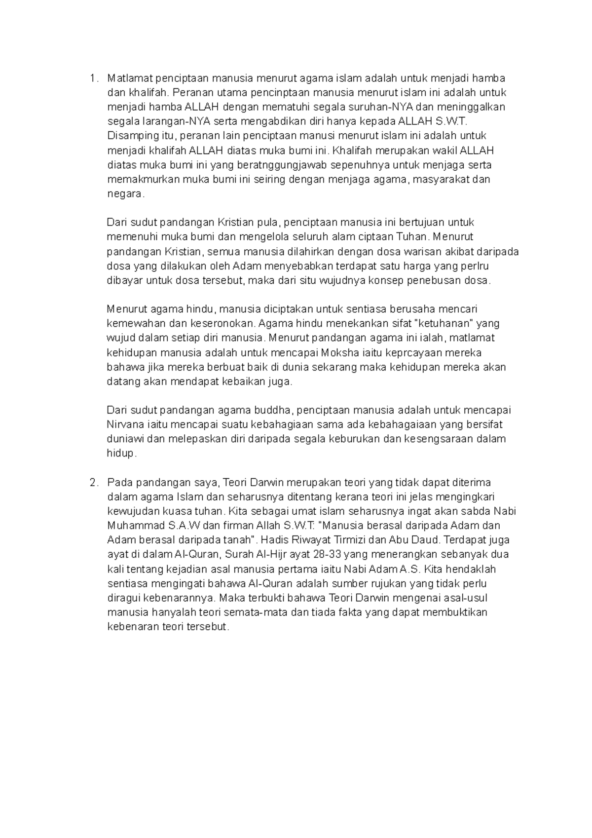 CTU552 W6 - Matlamat penciptaan manusia menurut agama islam adalah ...