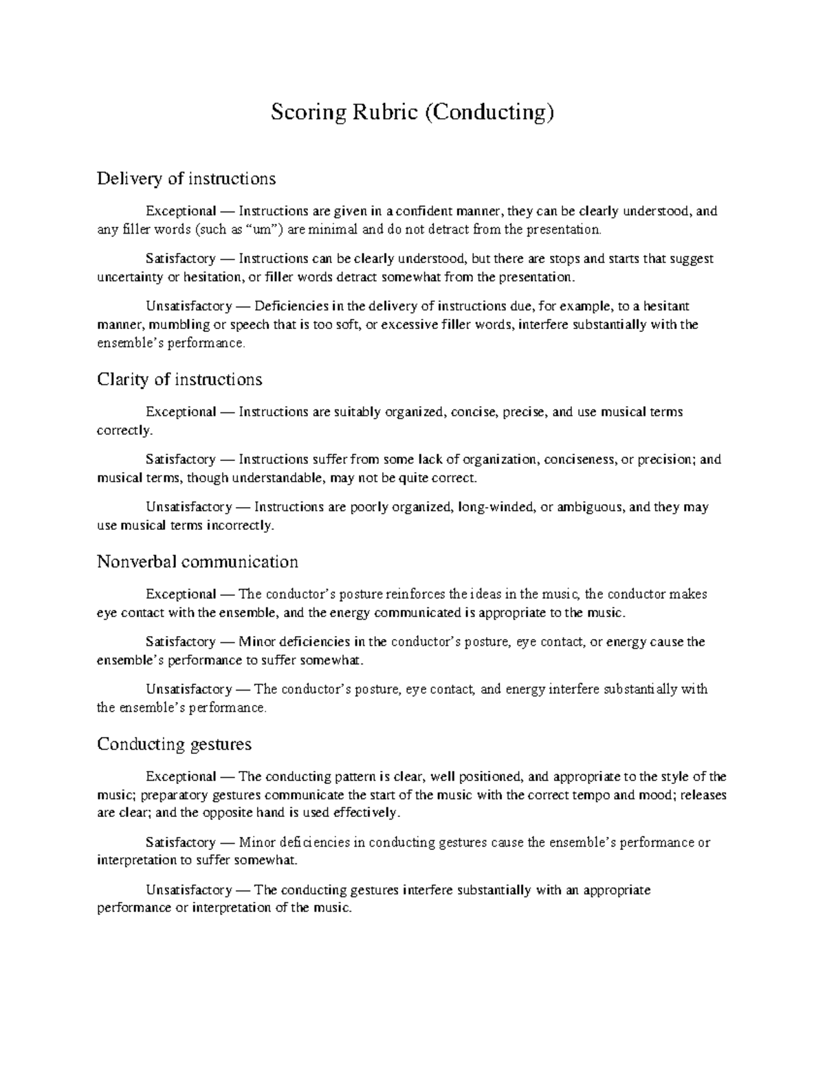3a Music Gen Ed scoring rubric - Scoring Rubric (Conducting) Delivery ...