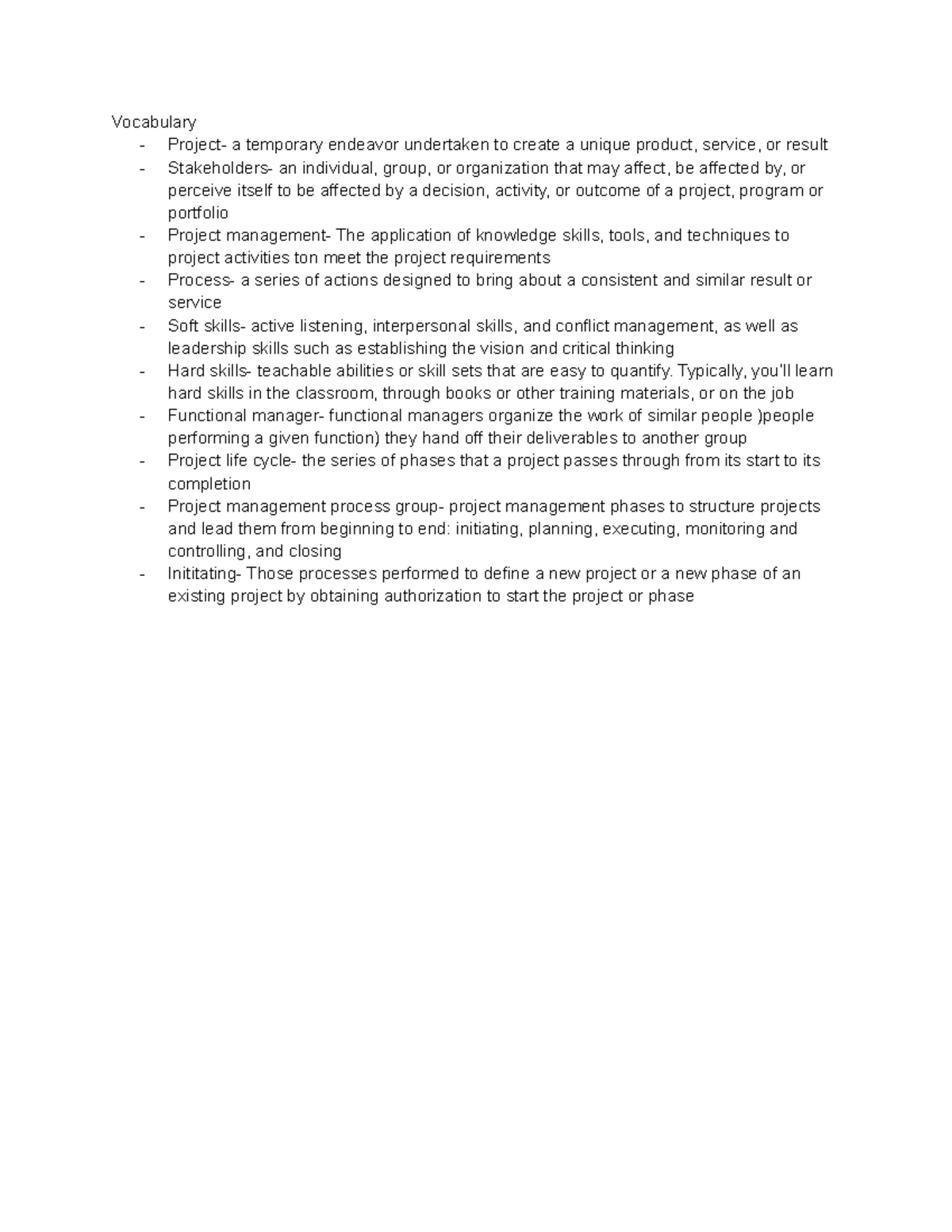 Module 1 Notes - Vocabulary - Project- a temporary endeavor undertaken ...