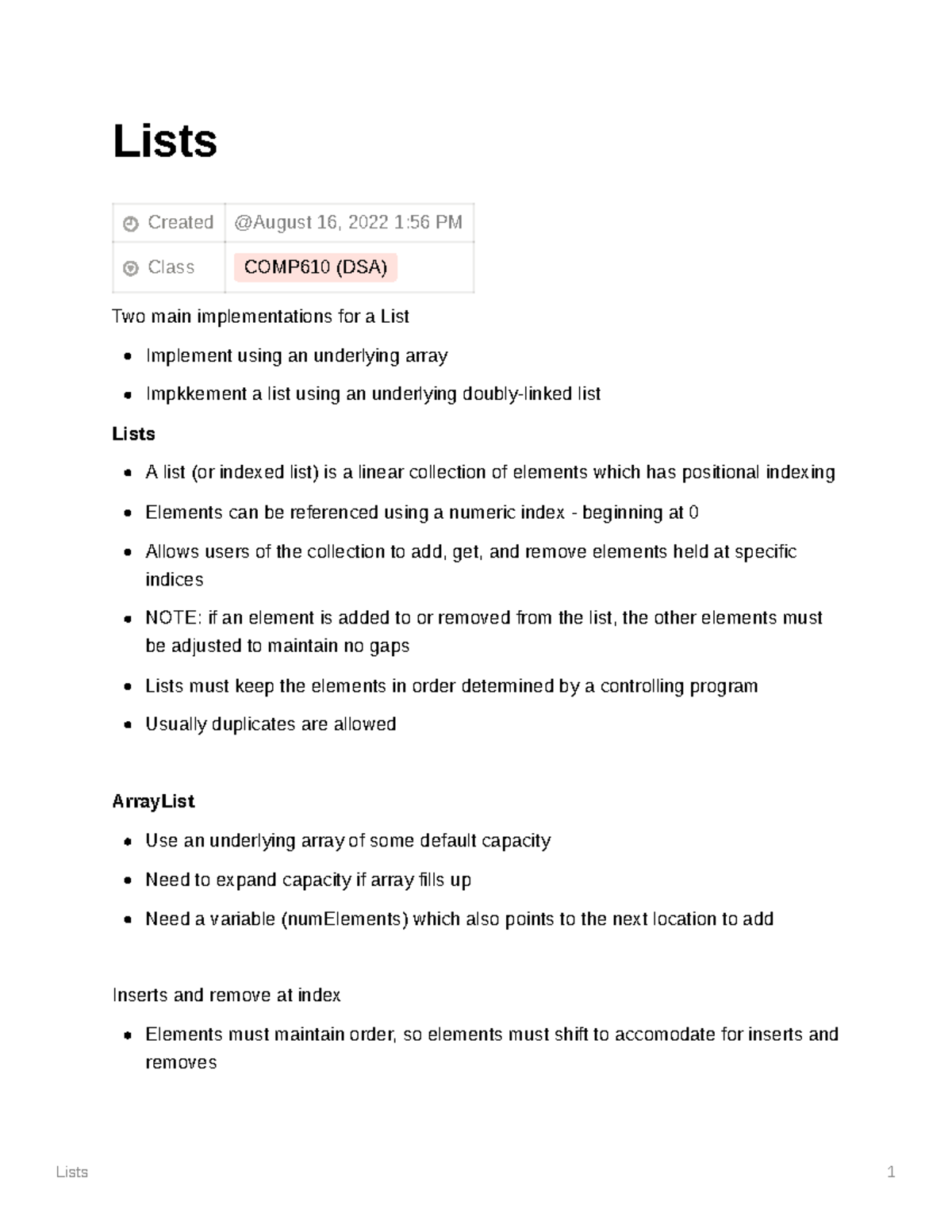 Lists Lecture Notes - Lists Created Class COMP610 (DSA) Two main ... Lists Lecture Notes - Lists Created Class COMP610 (DSA) Two main ...