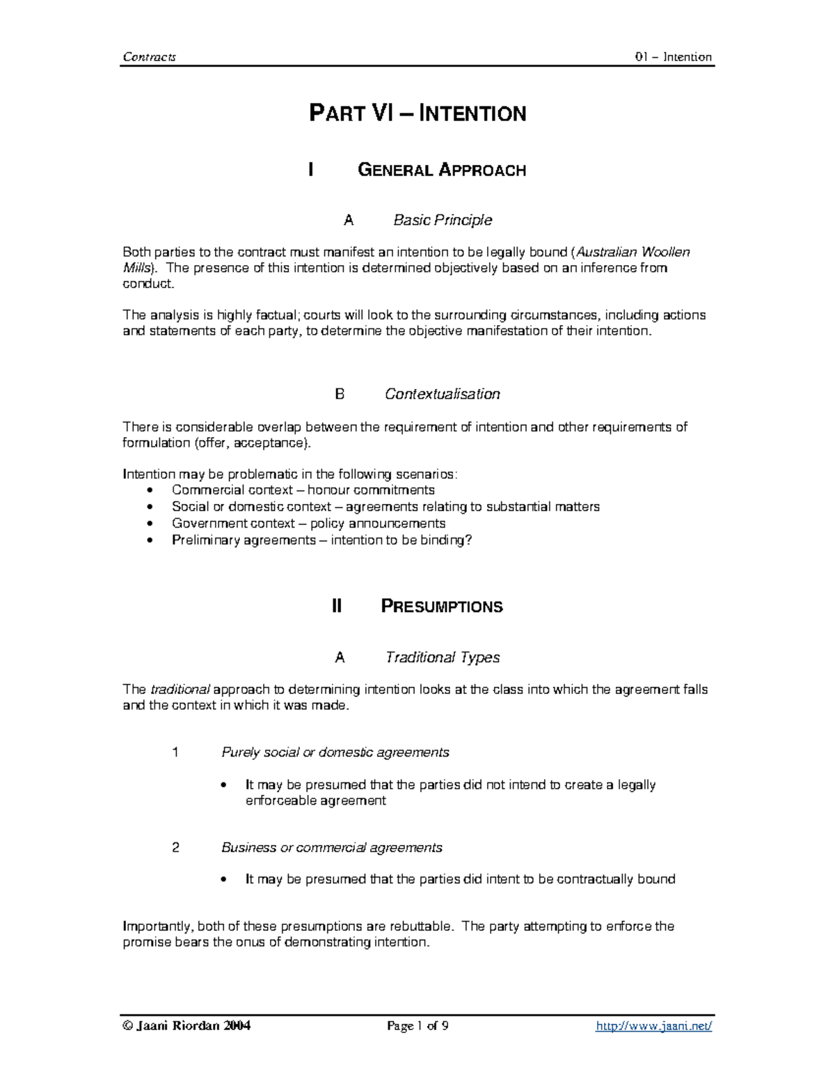 06 Intention - Lecture Notes - Contracts 01 – Intention PART VI ...