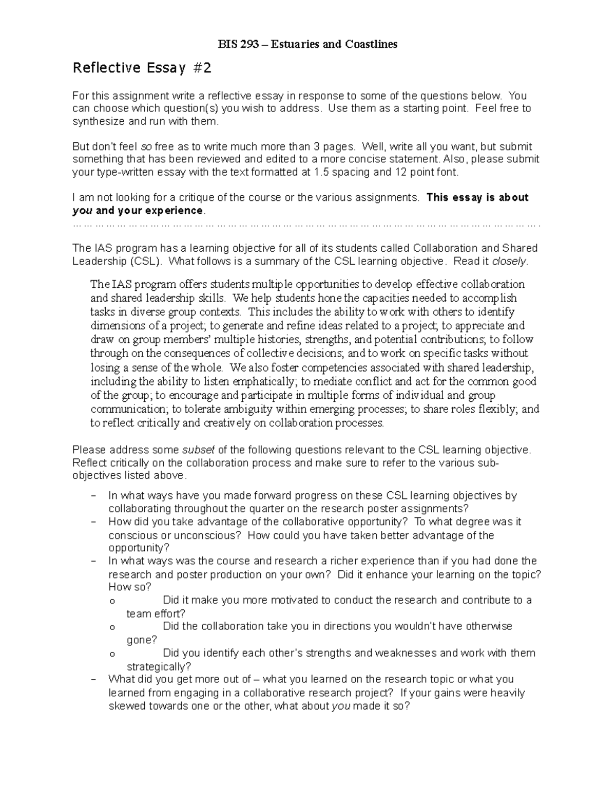 Microsoft Word Reflective Essay Template - BIS 293 – Estuaries and ...