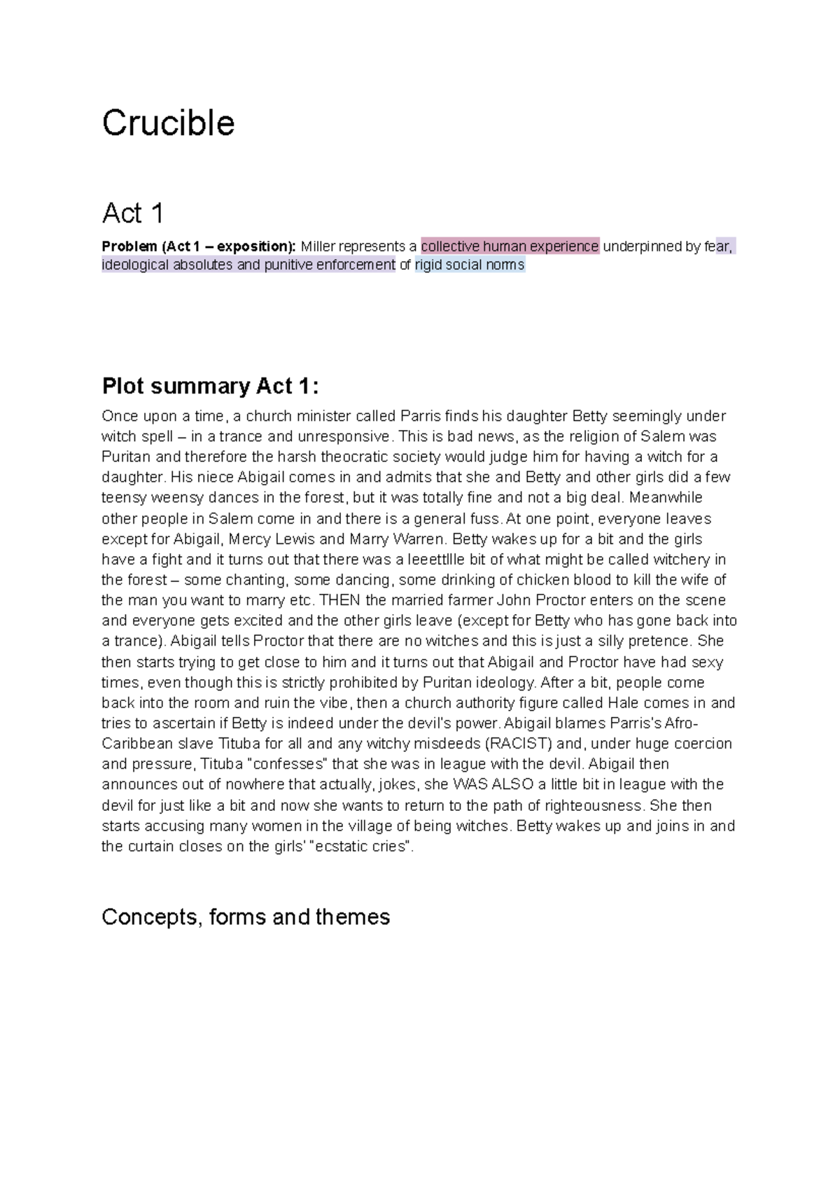 The Crucible by Arthur Miller notes - Crucible Act 1 Problem (Act 1 ...