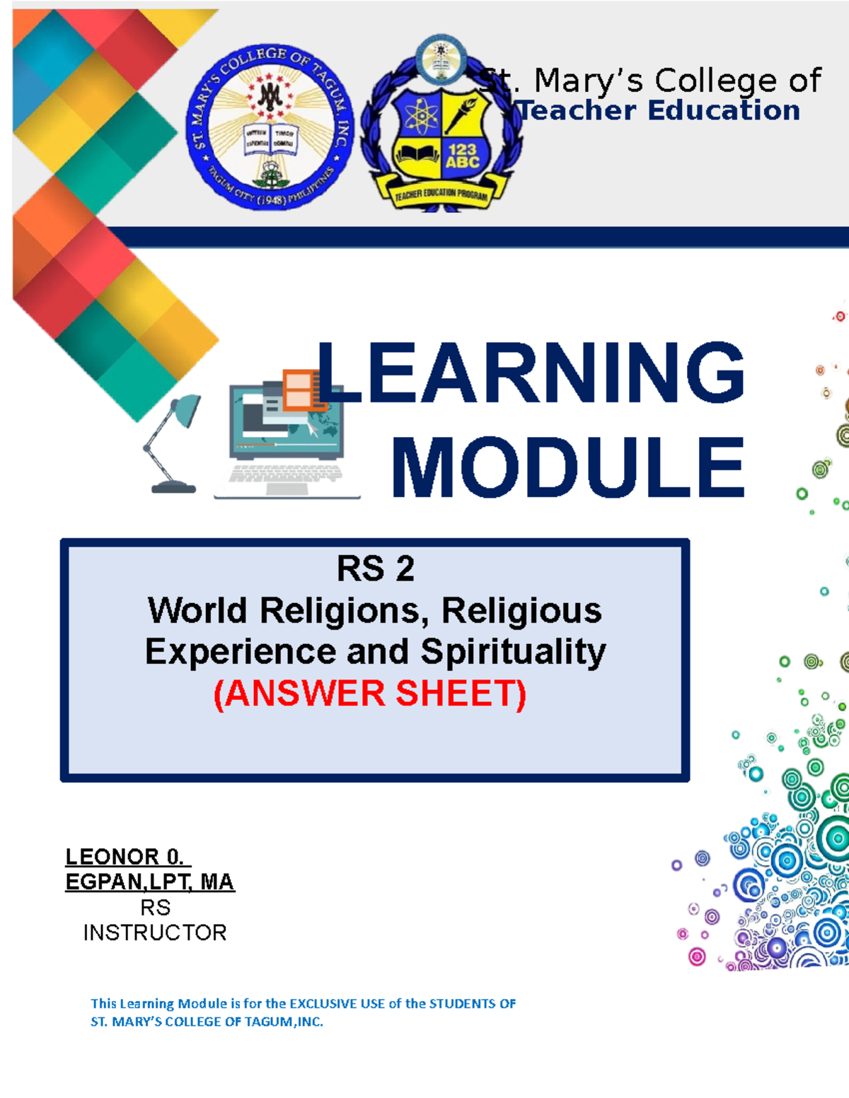 RS 2Module II Lesson 4 - Answer Sheet - This Learning Module is for the ...