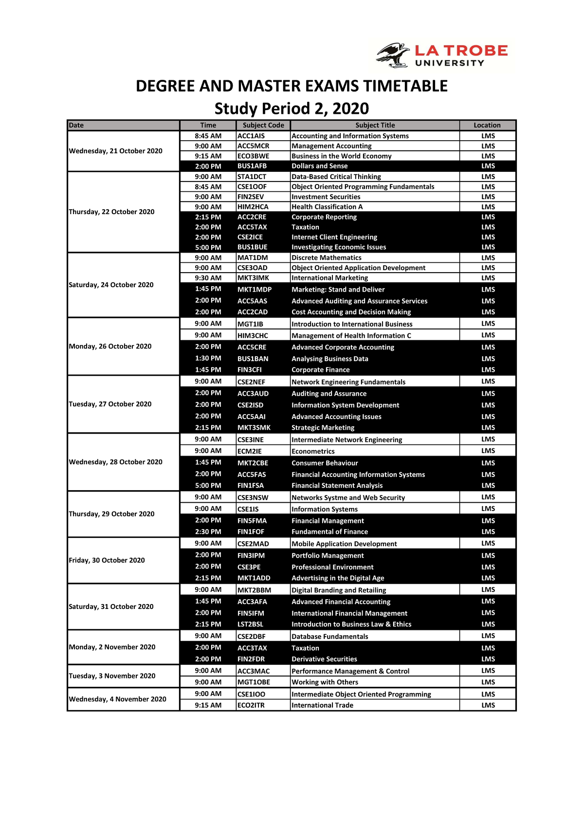 Study Period 2, 2020 Exam Timetable - Date Time Subject Code Subject ...