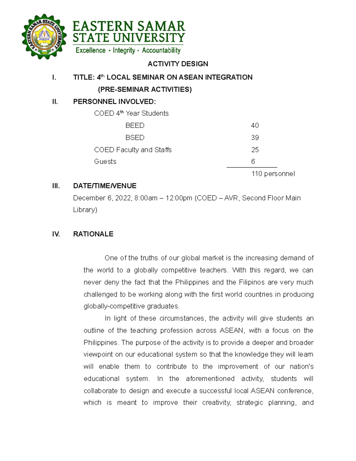 Activity- Design Asean- Integration - ACTIVITY DESIGN I. TITLE: 4th ...