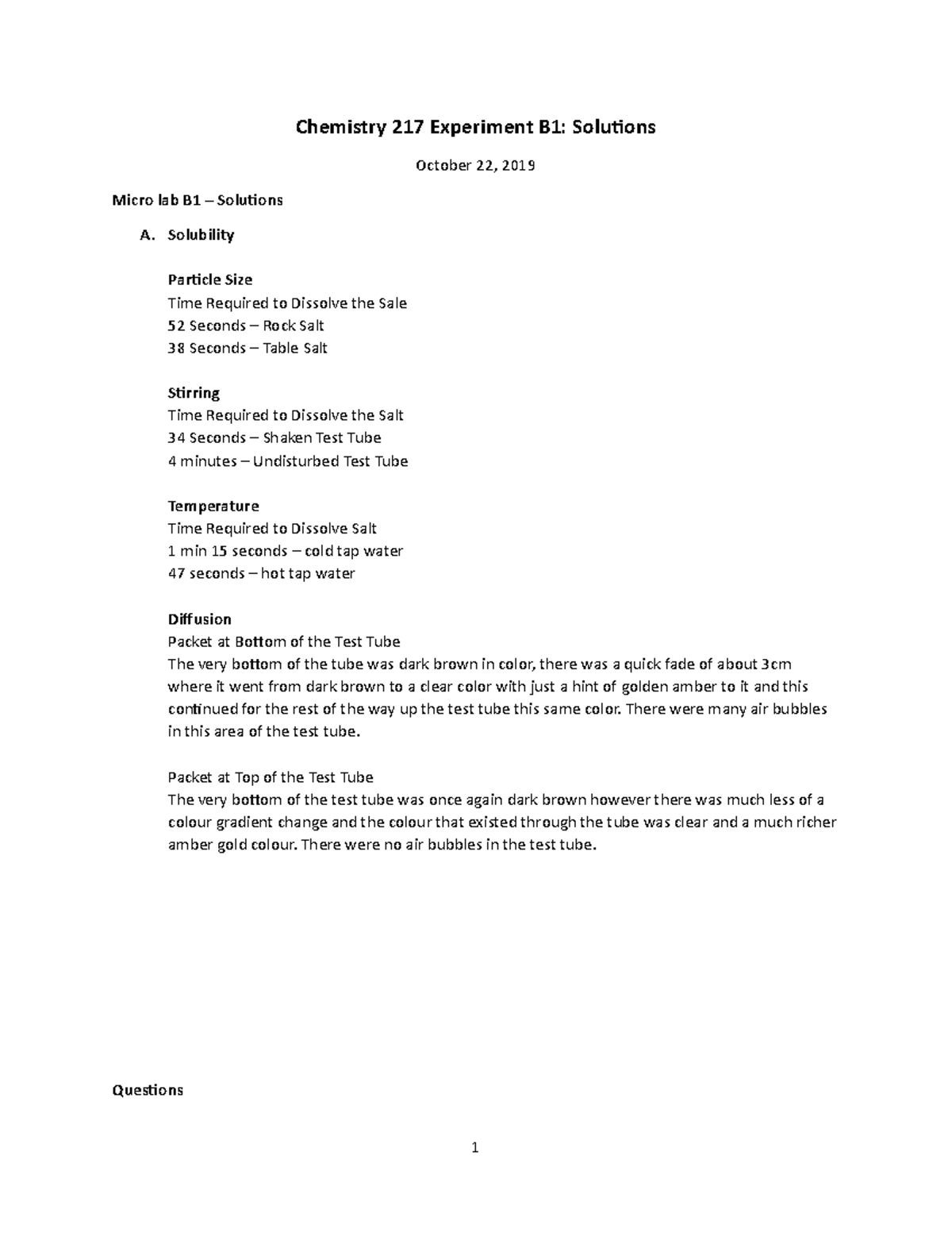 Experiment B1 - Lab Report - Chemistry 217 Experiment B1: Solutions ...