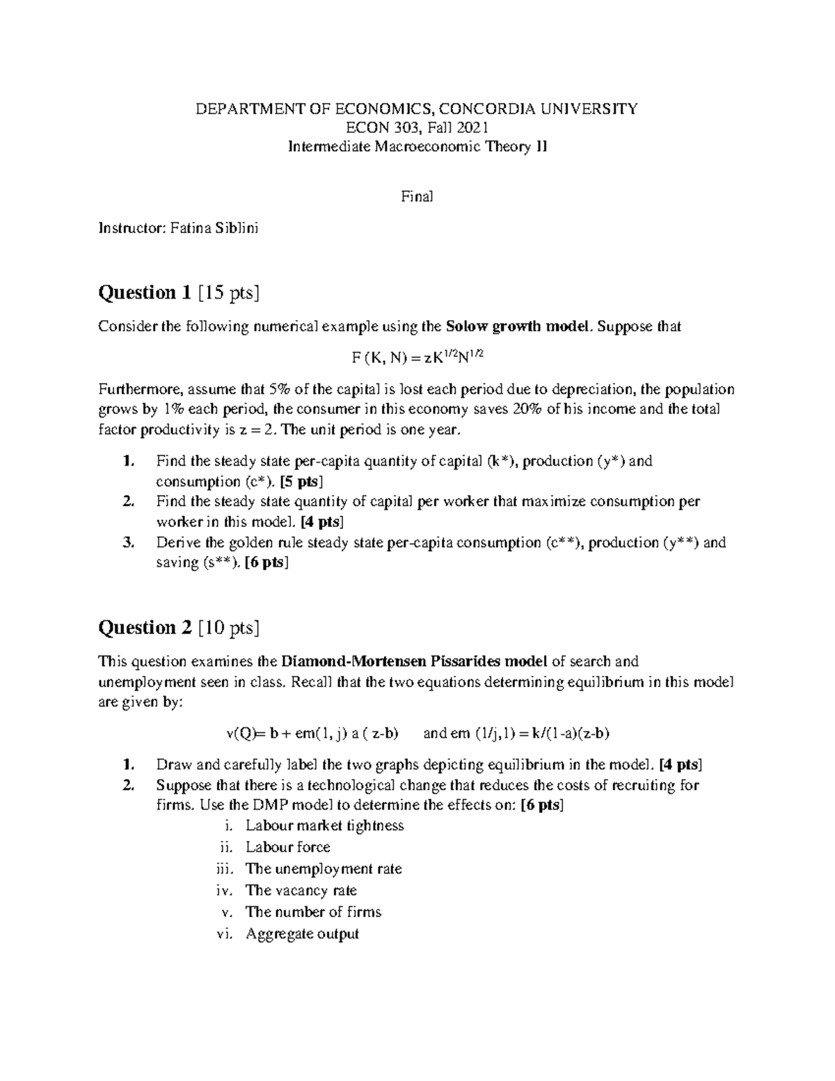 Final exam for the class - DEPARTMENT OF ECONOMICS, CONCORDIA ...