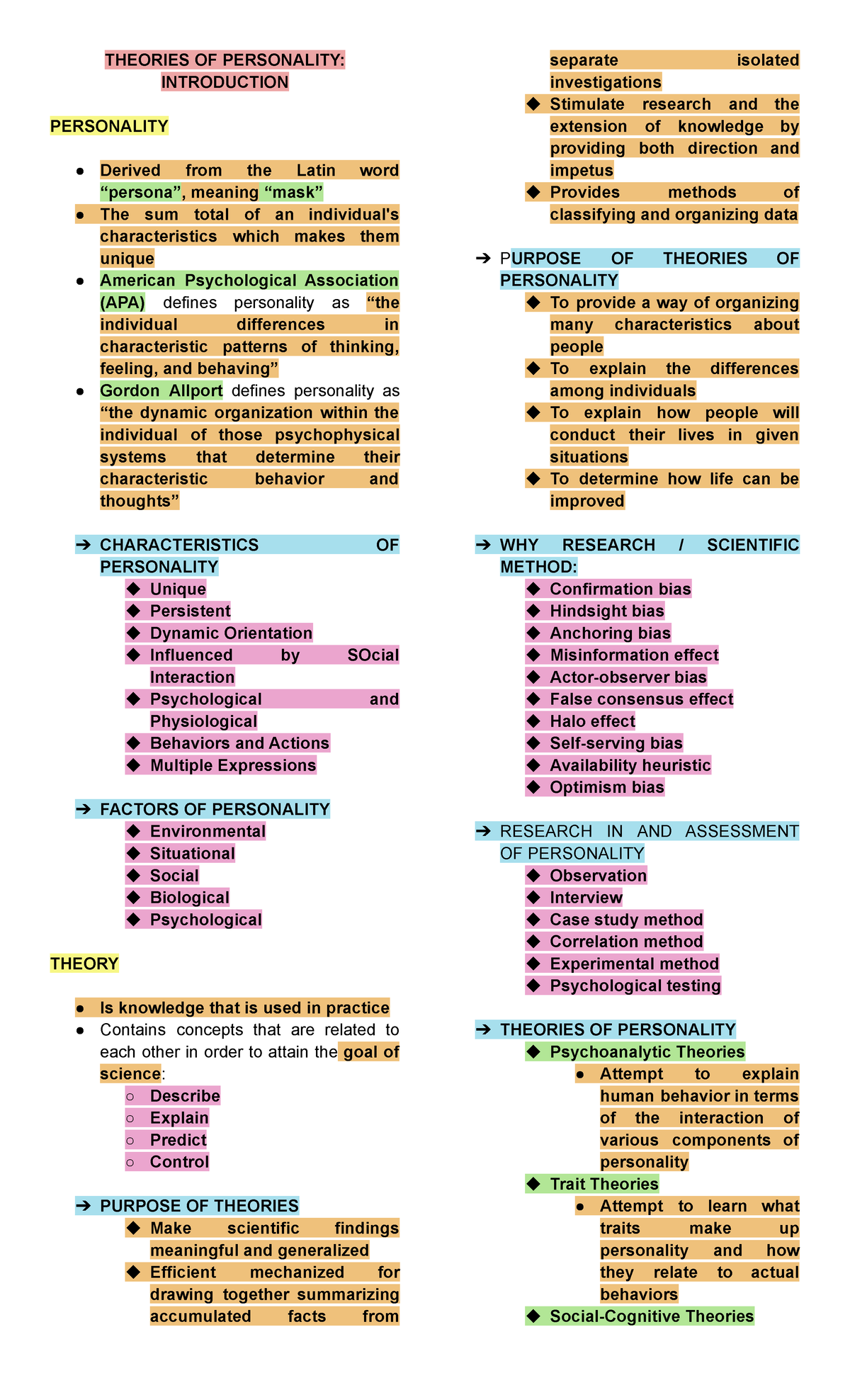TOP - Midterm Notes - theories - THEORIES OF PERSONALITY: INTRODUCTION ...