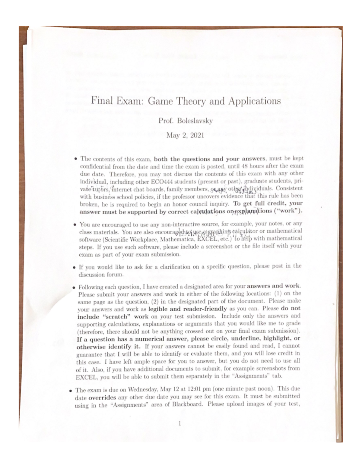 Final Exam Game Theory and Applications - ECO444 - Studocu