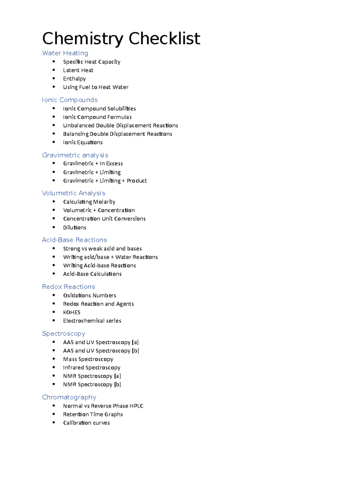 Chemistry Checklist from sac - Chemistry Checklist Water Heating ...
