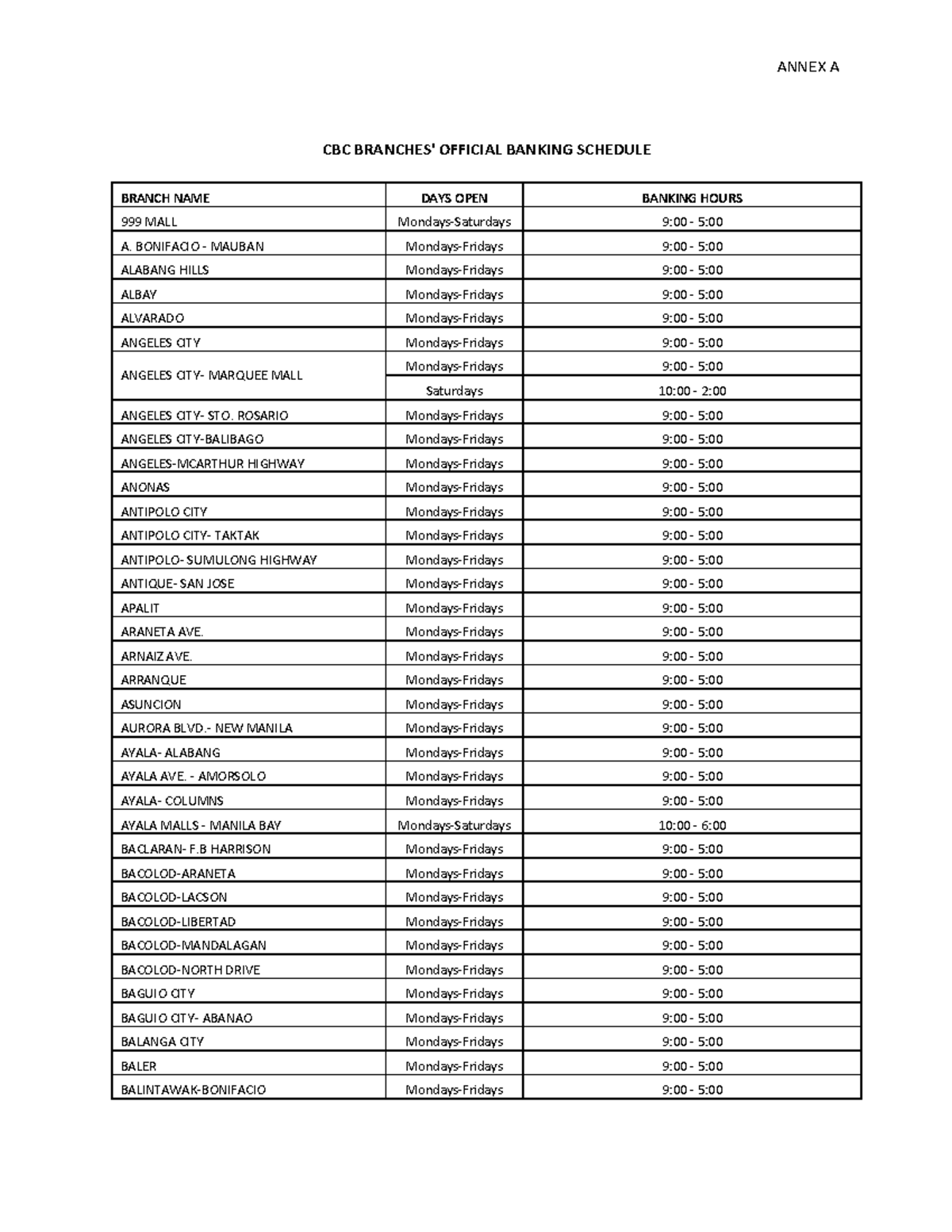 Cbc branches regular banking schedule - CBC BRANCHES' OFFICIAL BANKING ...