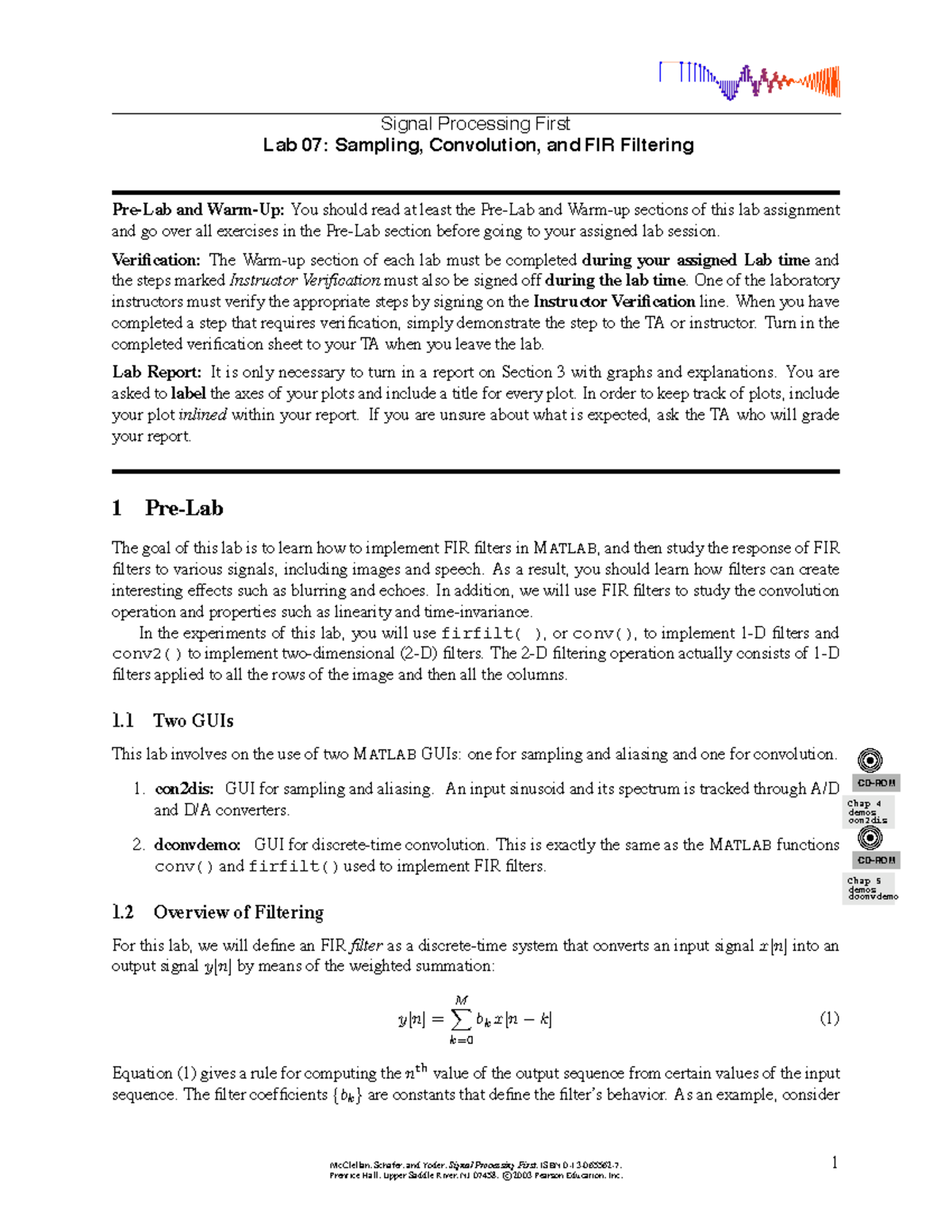 Lab 4 - Lab 4 - Signal Processing First Lab 07: Sampling, Convolution, and FIR Filtering Pre-Lab ...