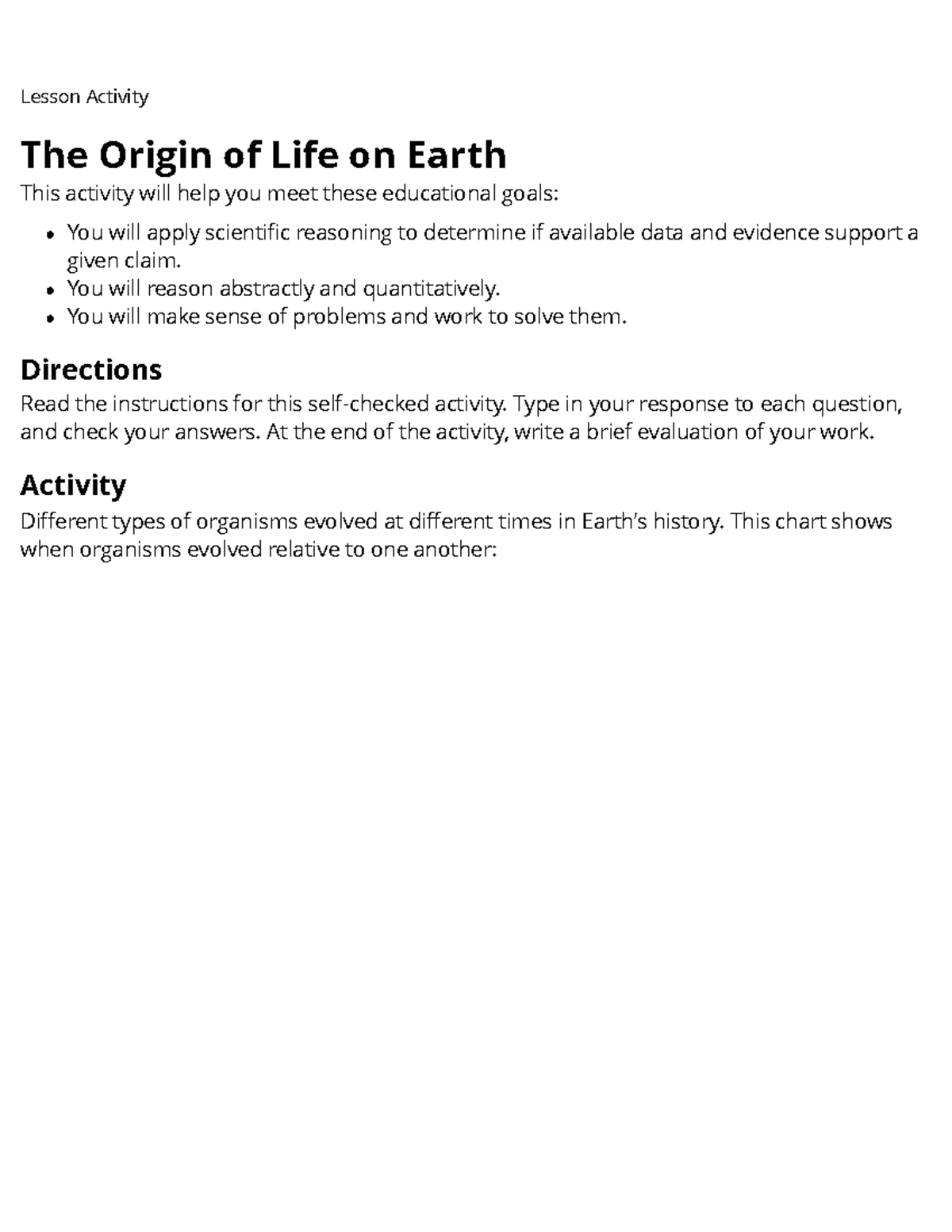 Bacteria and Protists Tutorial - Lesson Activity The Origin of Life on ...