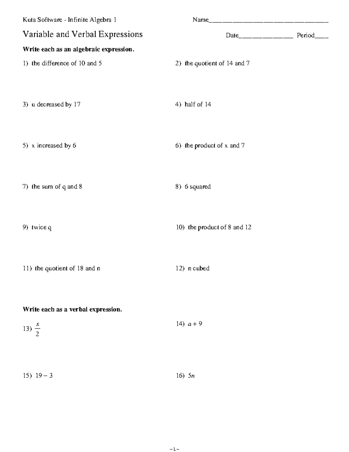 Variable and Verbal Expressions-algebra - ©E G 26071 N 2 M 1 KWurtXa 1 ...