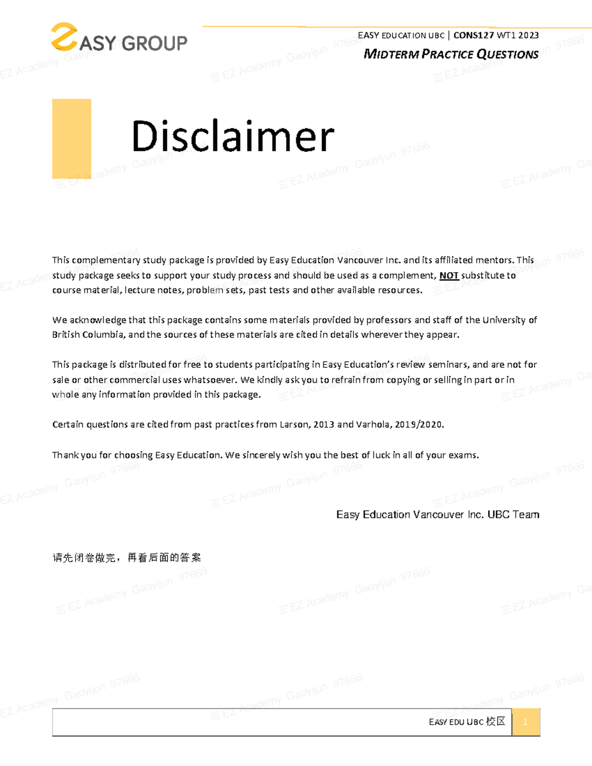 2023 CONS127 Midterm Review Practice Questions - MIDTERM PRACTICE QUESTIONS Disclaimer This ...