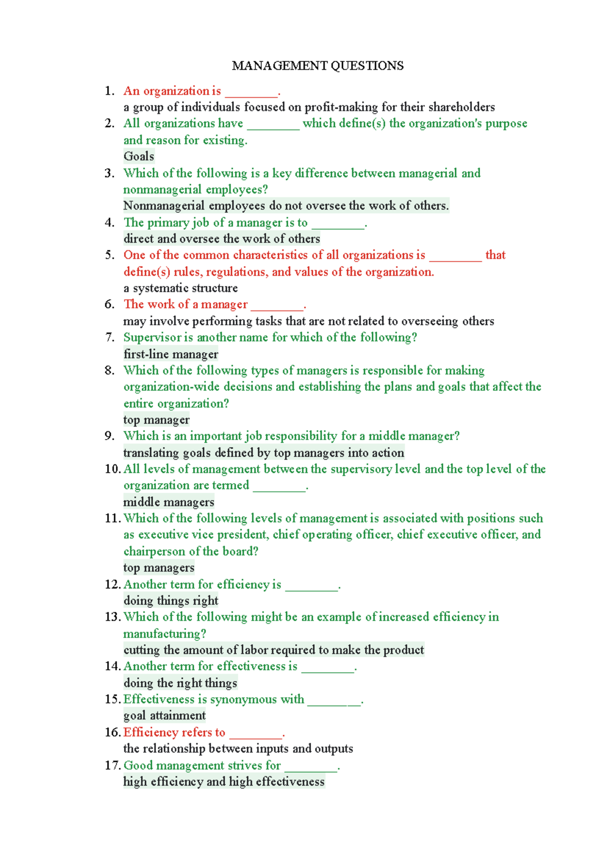 Management Questions - MANAGEMENT QUESTIONS An organization is ...