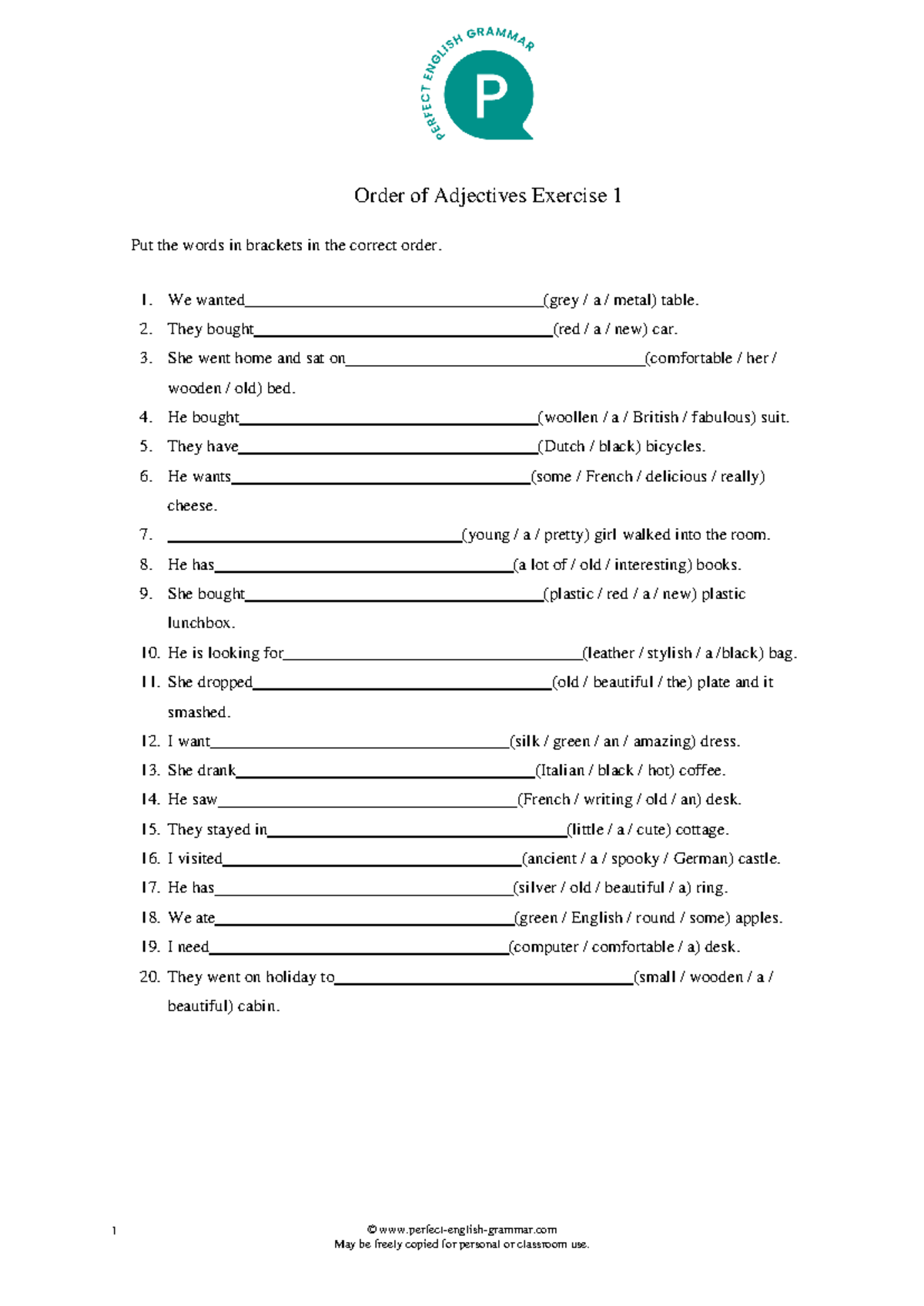 Order-of-adjectives-exercise-1 - 1 May be freely copied for personal or ...