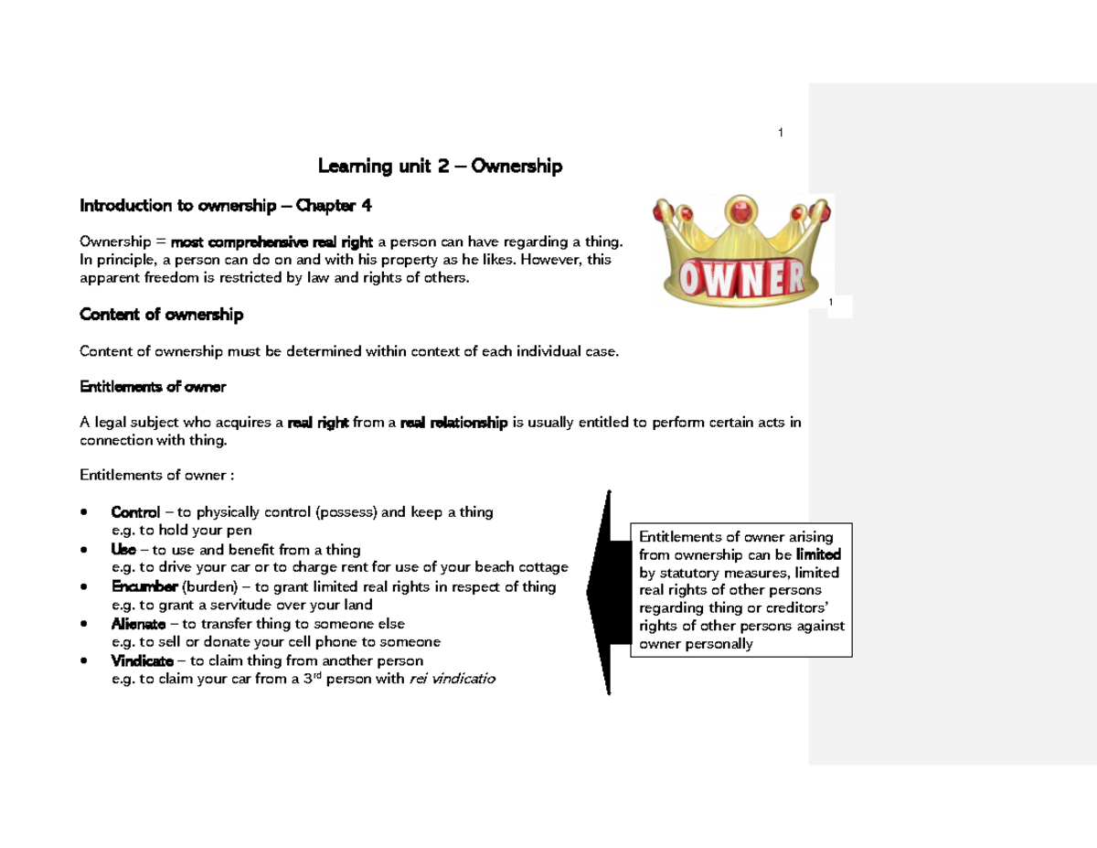 LUU 2 Notes - Learning unit 2 – Ownership Introduction to ownership ...