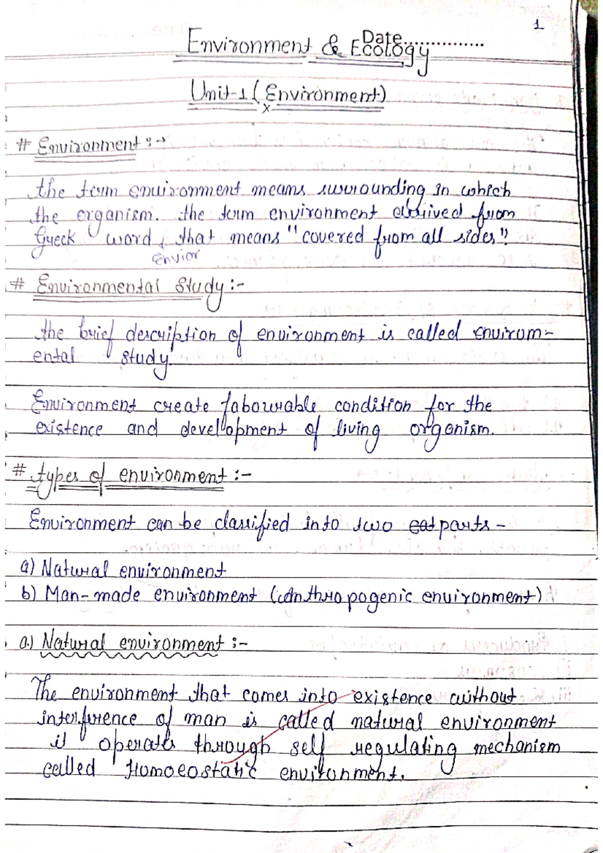 E&E unit-1 - 1 Environment Ecology Date Unit 1 ( Environment) X the ...