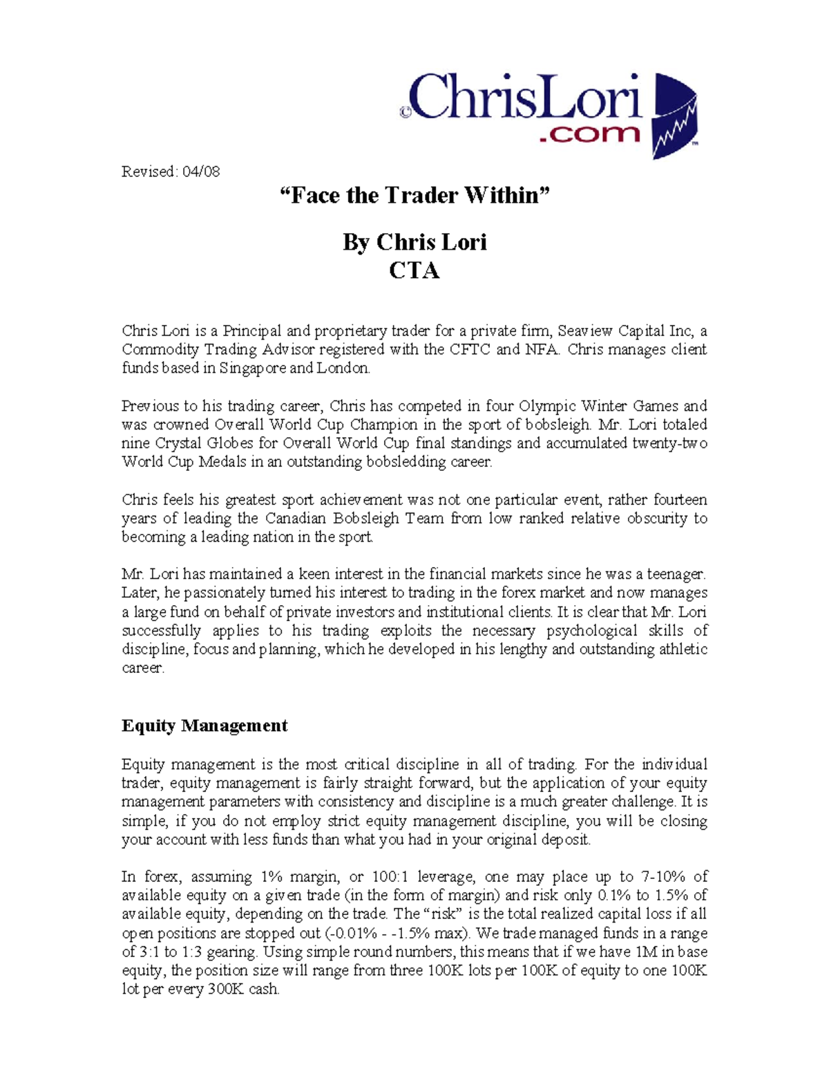 Face The Trader Within - Chris Lori - Revised: 04/ “Face the Trader Within” By Chris Lori CTA ...