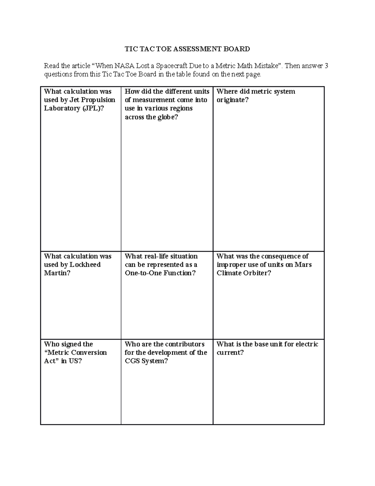 General Mathematics Grade 11 CER-TIC TAC TOE Assessment Board - TIC TAC ...