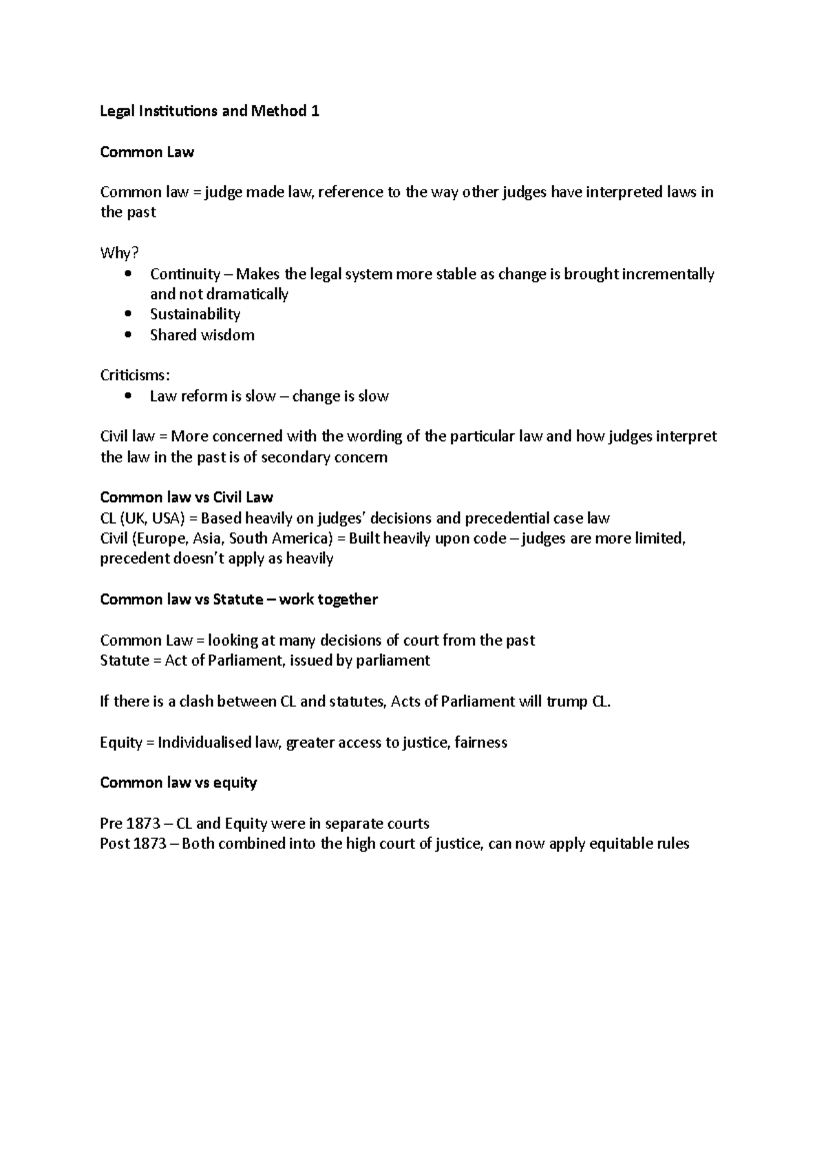 Common Law - LIM Notes Semester 1 - Legal Insituions and Method 1 ...