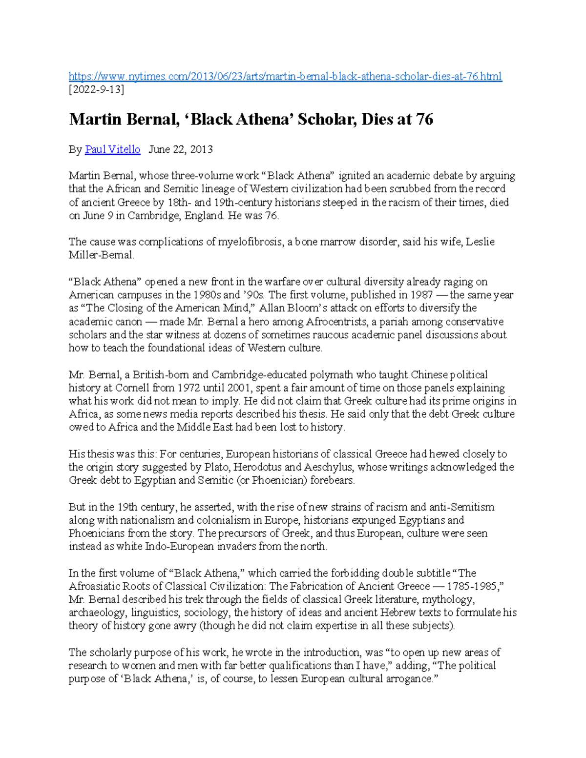 Black Athena Scholar Martin Bernal - - Studocu