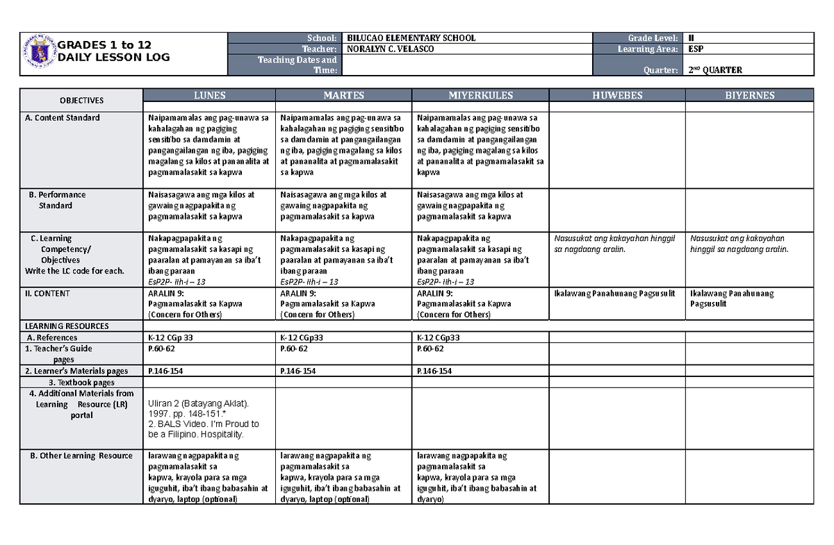 Dll Esp 2 Q2 W10 Lesson Plan Grades 1 To 12 Daily Lesson Log School