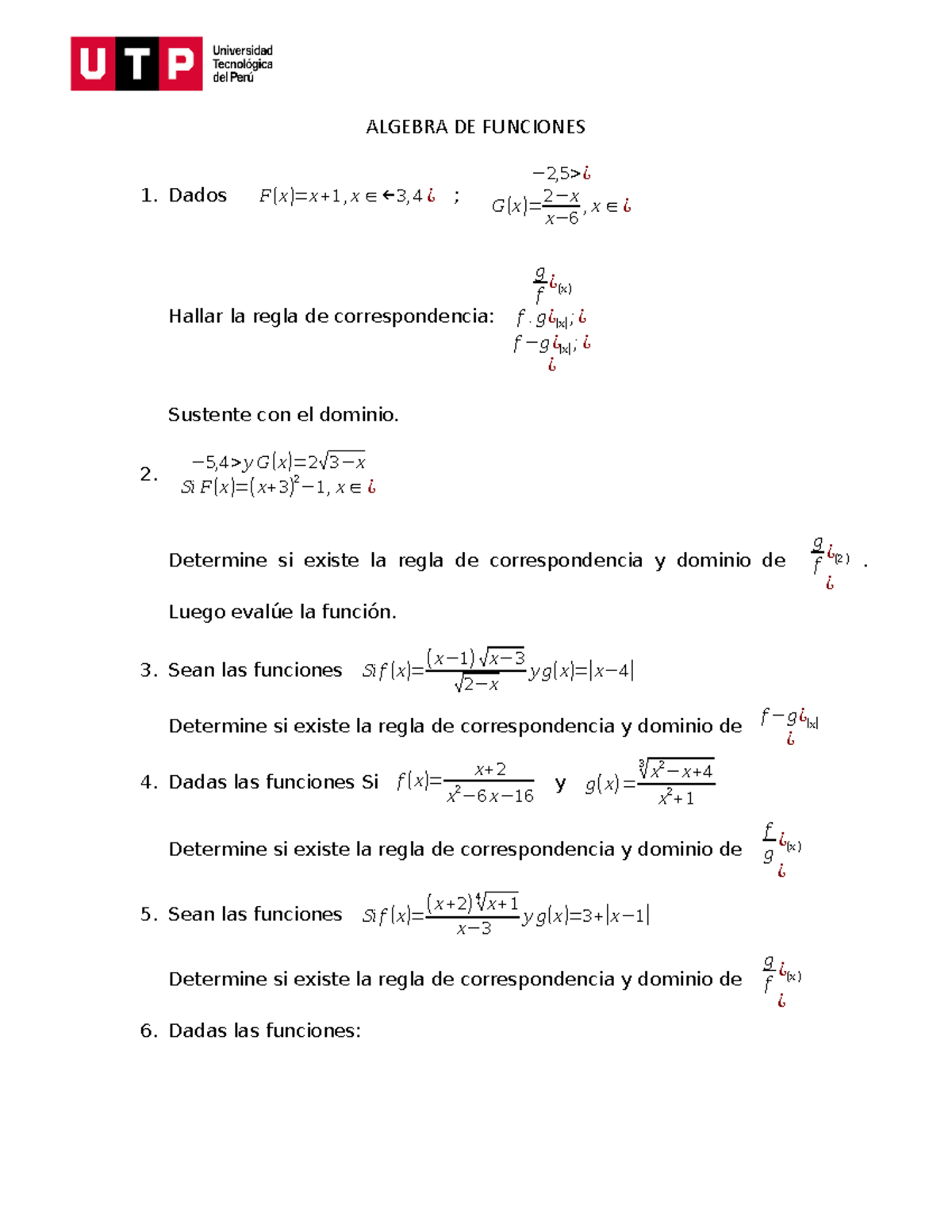 S02.s1 -Ejercicios de Algebra de Funciones - ALGEBRA DE FUNCIONES Dados F ( x )= x + 1 , x∈ ←3 ...