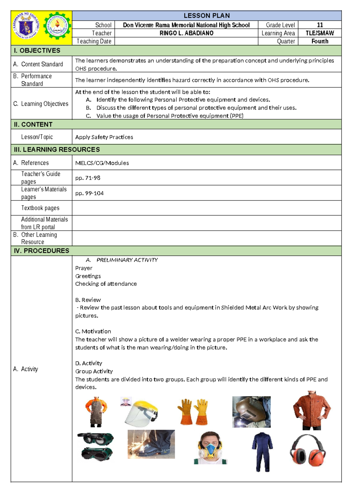 Lesson-Plan-Apply Safety Practices - LESSON PLAN School Don Vicente ...