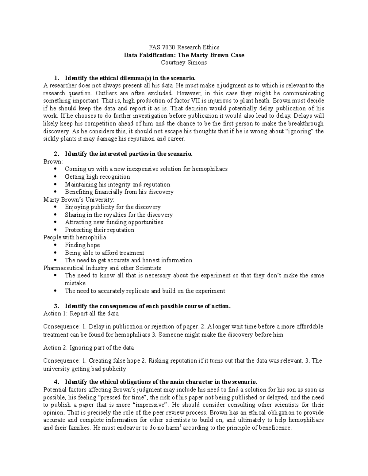 The Marty Brown Case - FAS 7030 Research Ethics Data Falsification: The ...