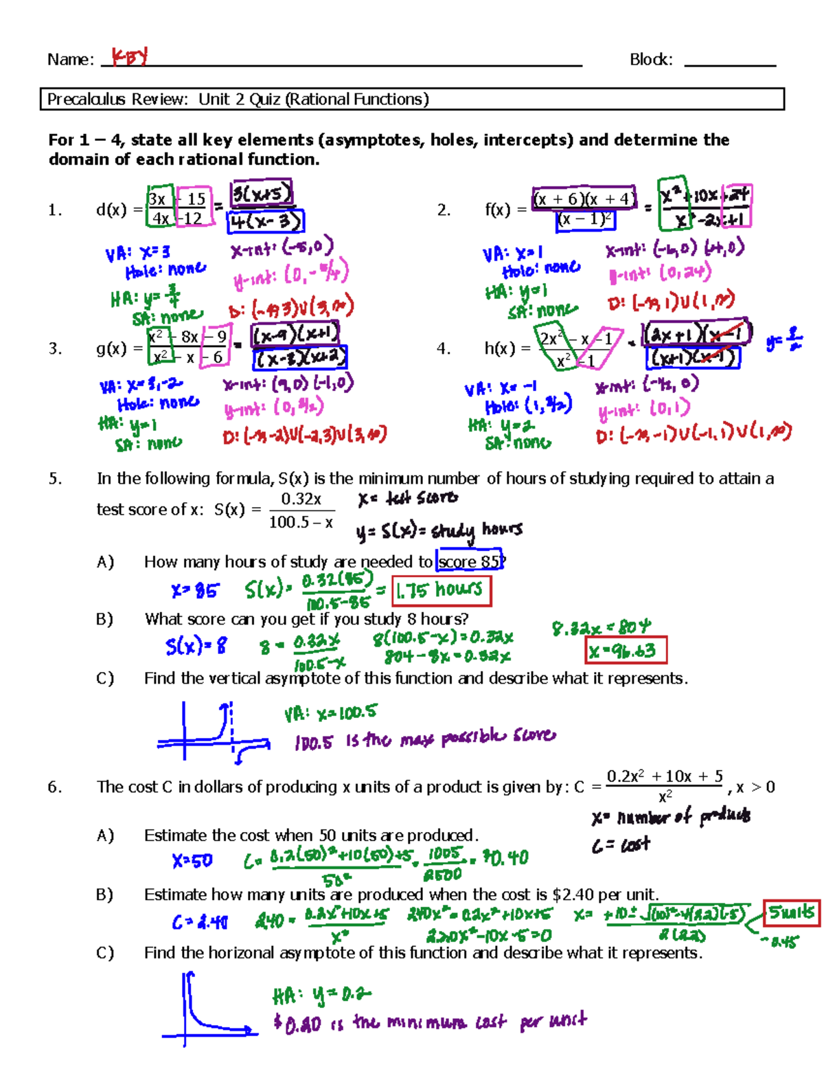 KEY Rational Functions Review - Name: Block: Precalculus Review: Unit 2 ...