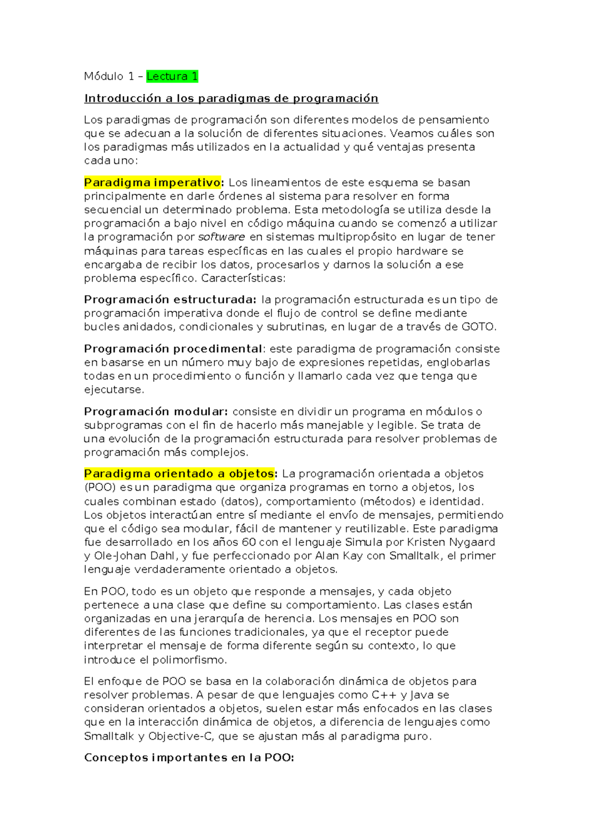 Resumen Paradigmas de prog. M1 - Módulo 1 – Lectura 1 Introducción a los paradigmas de ...