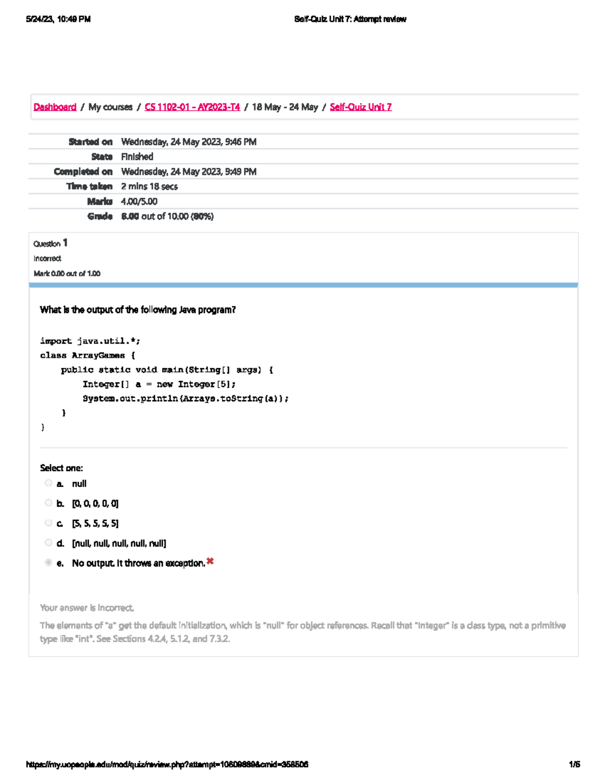 Self-Quiz Unit 7 Attempt review - CS 1102 - Studocu
