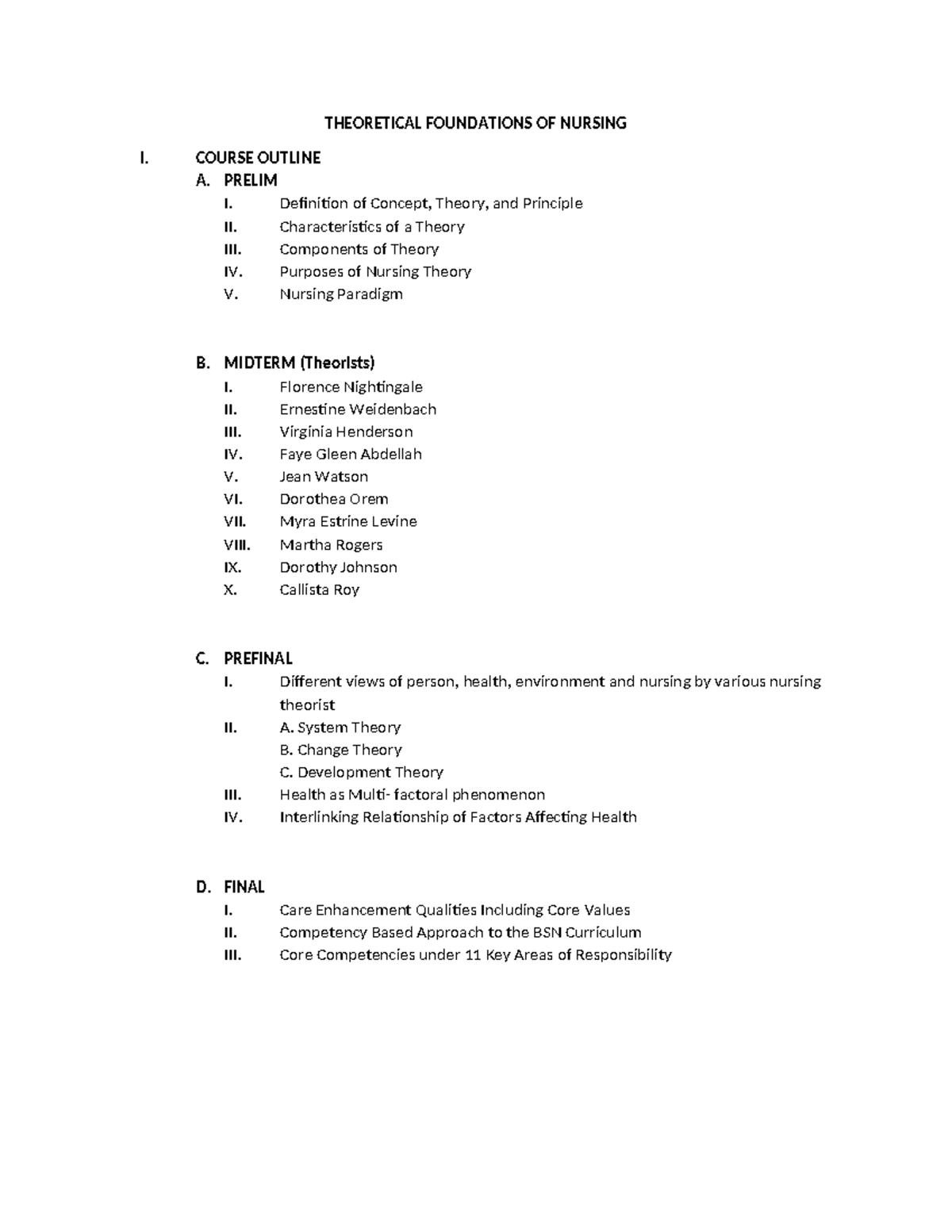 TFN Course Outline - Notes - THEORETICAL FOUNDATIONS OF NURSING I ...