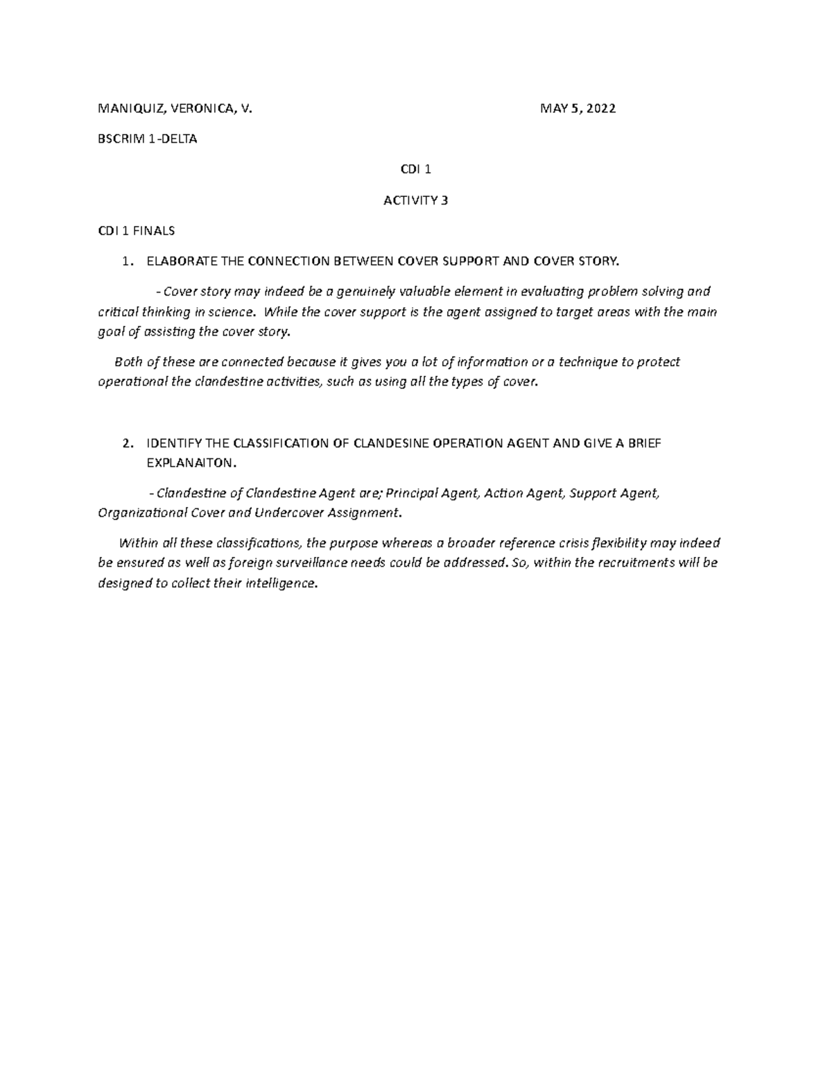 CDI 1 (A3) - Activity - MANIQUIZ, VERONICA, V. MAY 5, 2022 BSCRIM 1 ...
