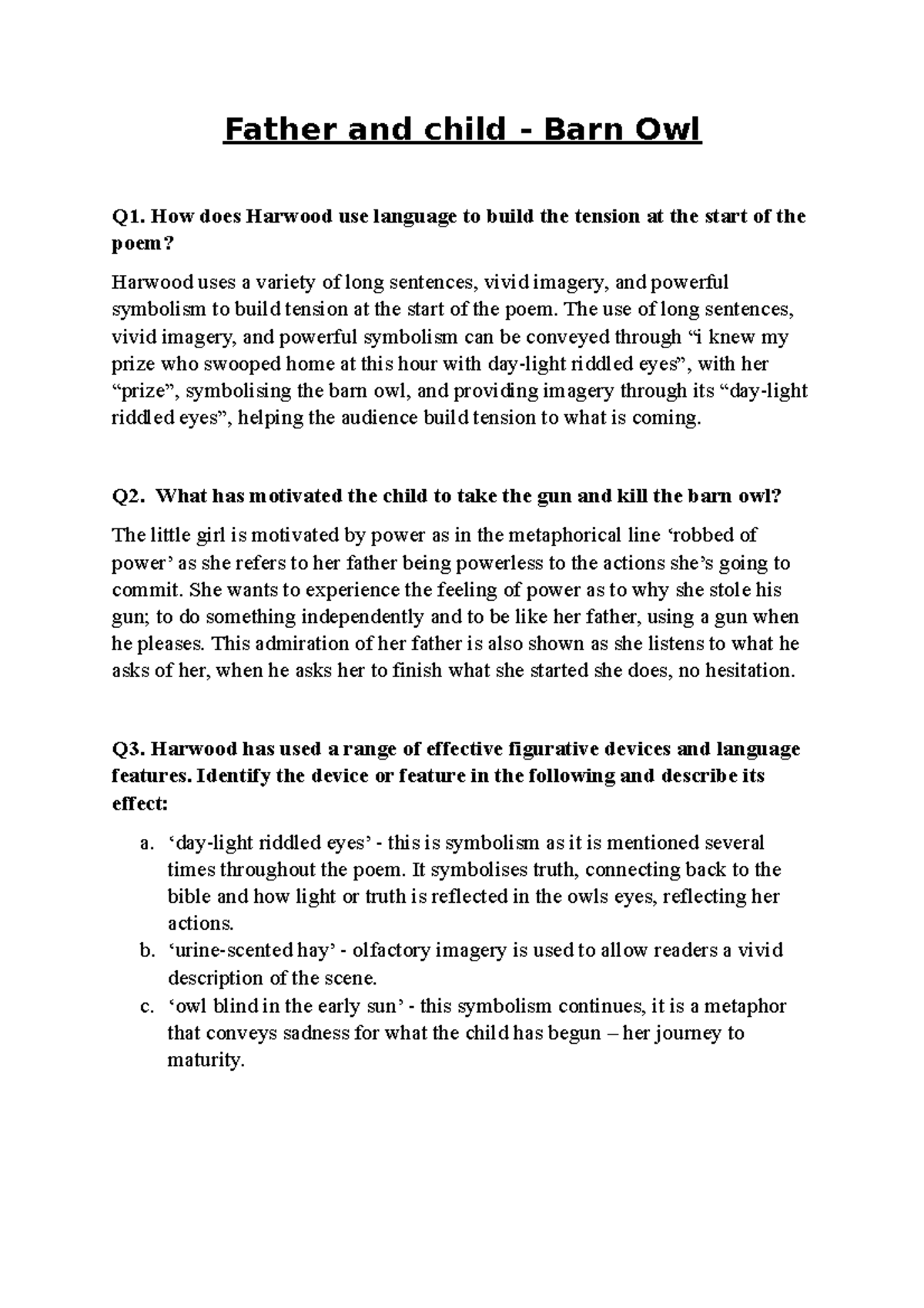 Year 11 Term 2 English Work 2 - Father and child - Barn Owl Q1. How ...