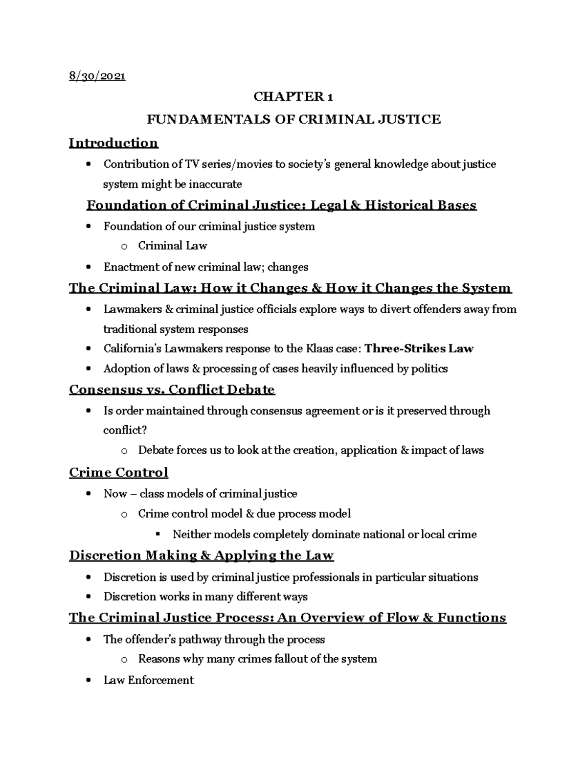 Intro to Criminal Justice (CRJ 10) Notes - 8/30/ CHAPTER 1 FUNDAMENTALS ...