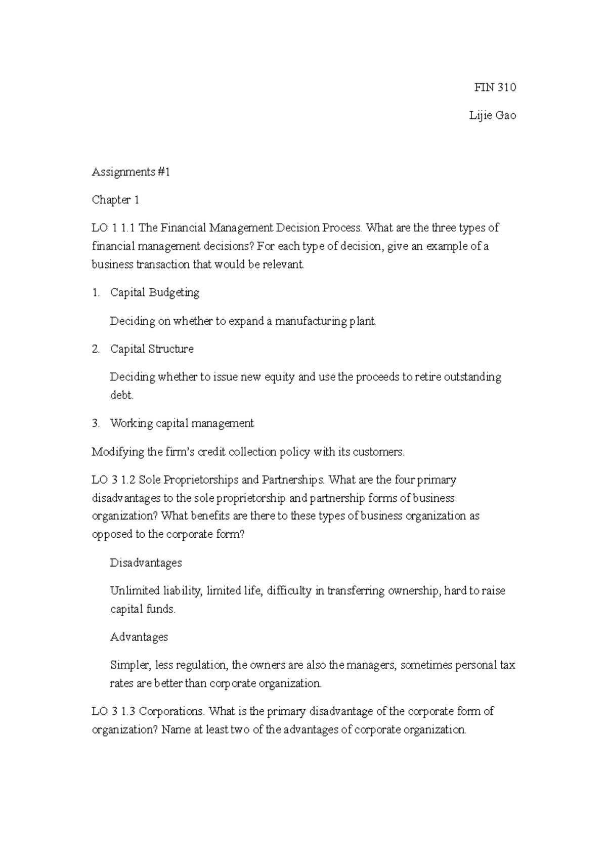 FIN 310 Chapter 1 - FIN 310 Lijie Gao Assignments #1 Chapter 1 LO 1 1 ...