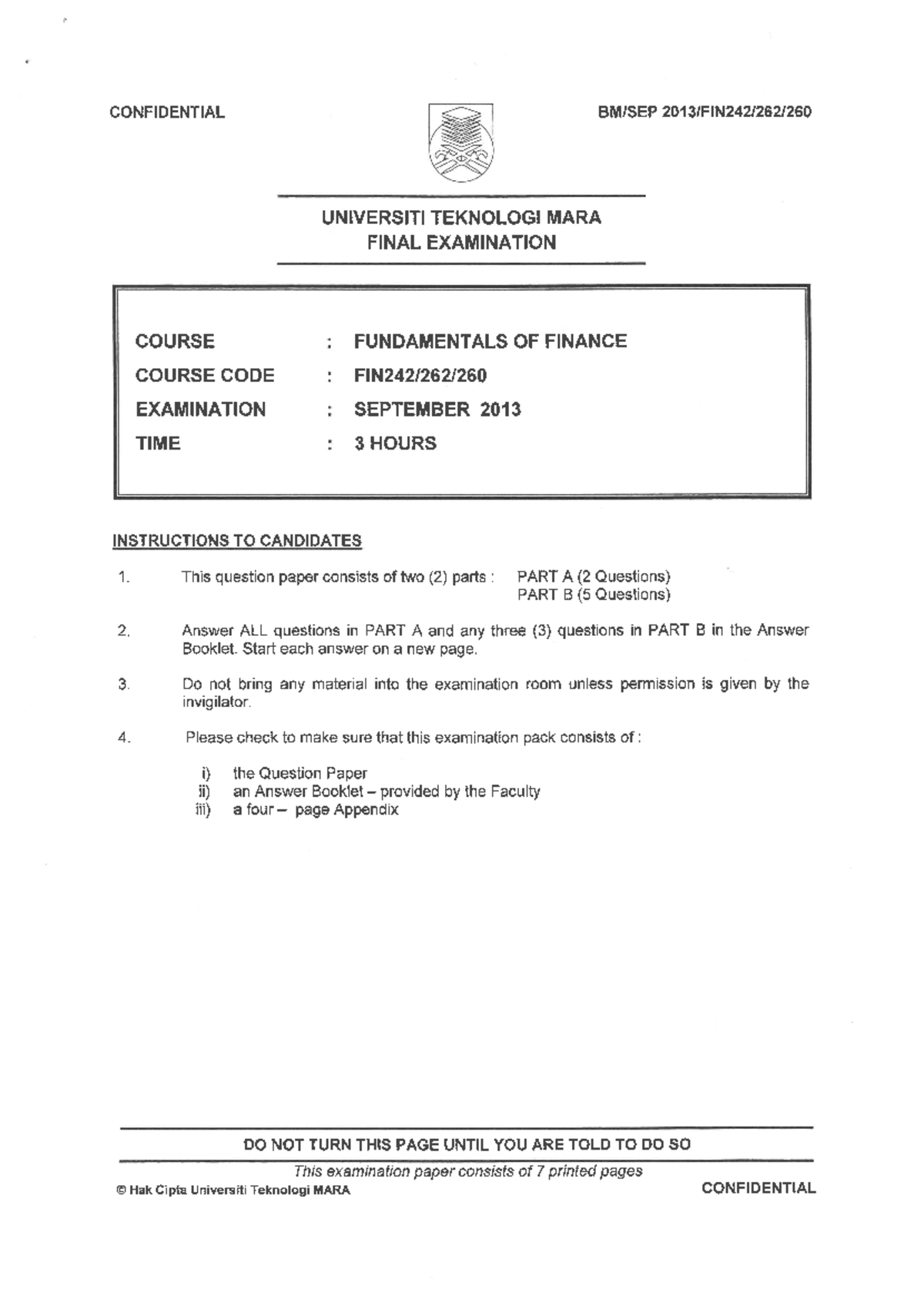 FIN242 262 206 SEPT 2013 - Fundamentals of Finance - Studocu